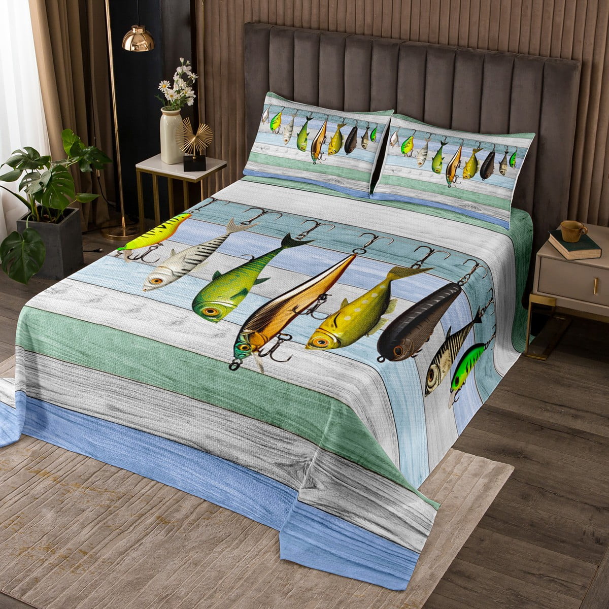 Colorful Fish Bedspread Set Queen, Fish Hook Fishing Quilt Set Teens ...