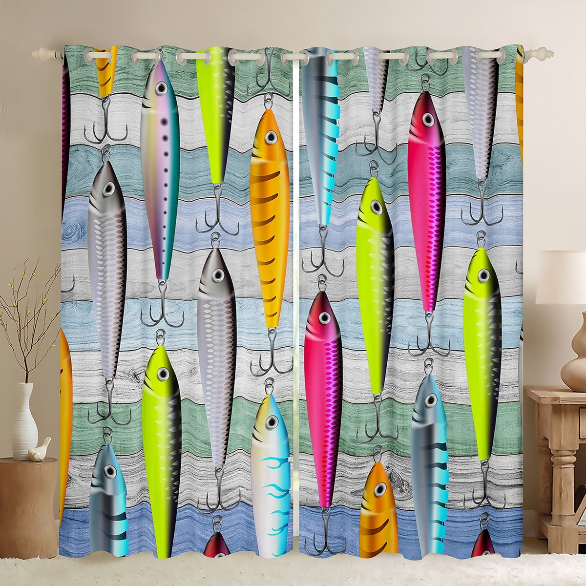 Colorful Fish Blackout Curtains, Fish Hook Fishing Curtains for Living ...