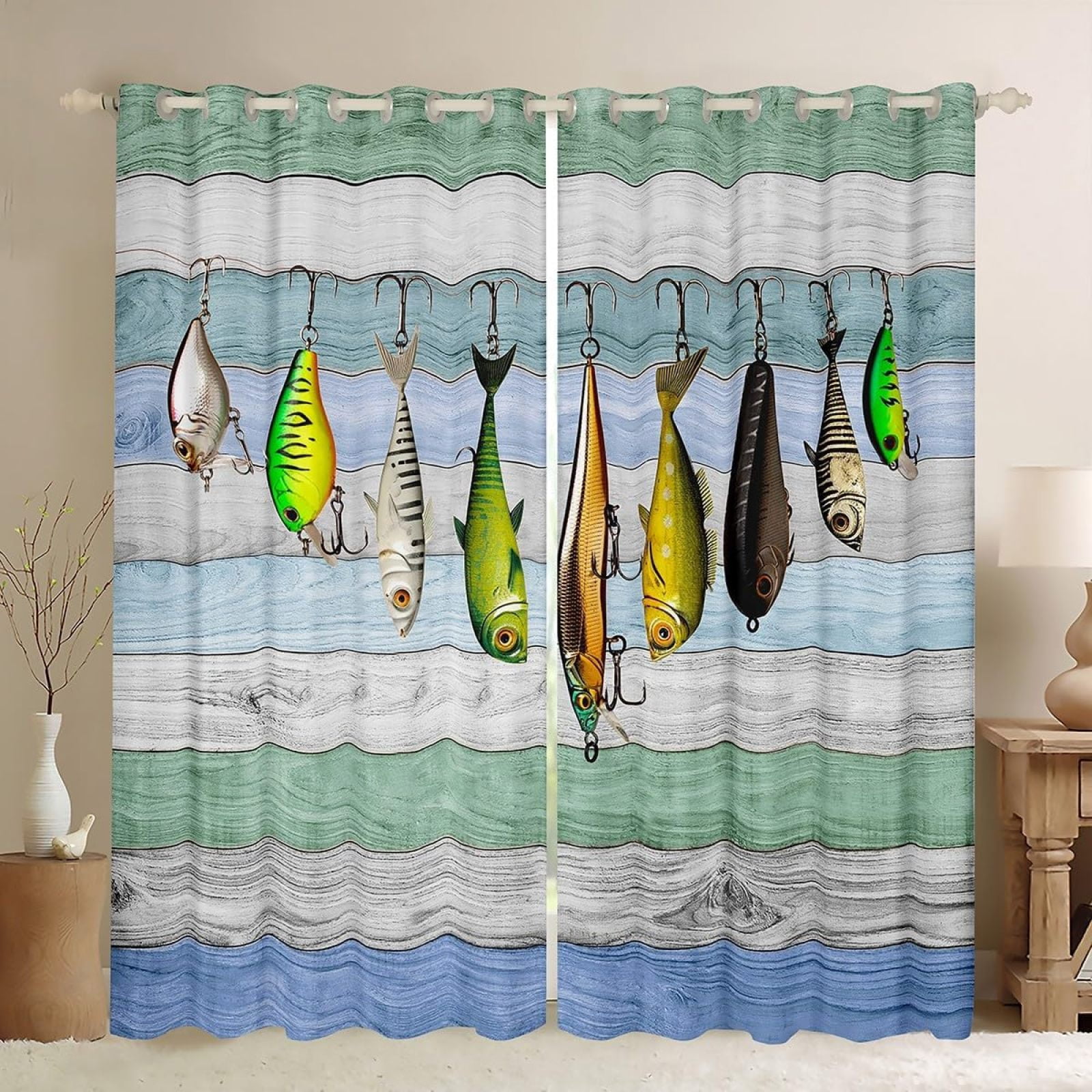 Colorful Fish Curtains, Fish Hook Fishing Blackout Curtains For Boys ...