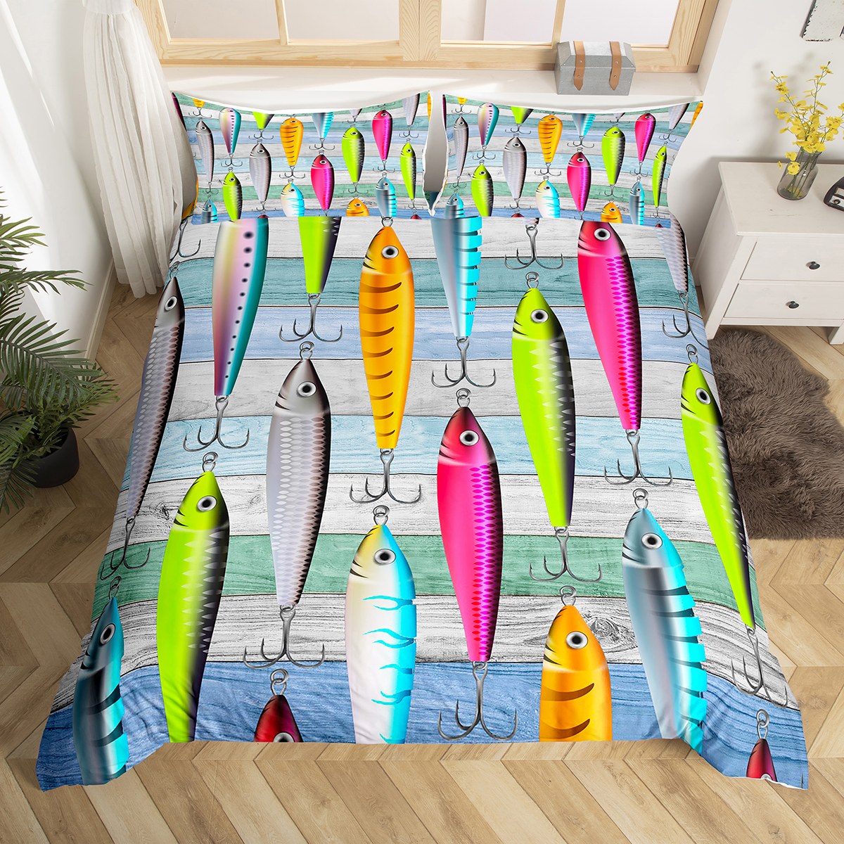 Colorful Fish Duvet Cover Twin, Fish Hook Fishing Bedding Set Teens ...