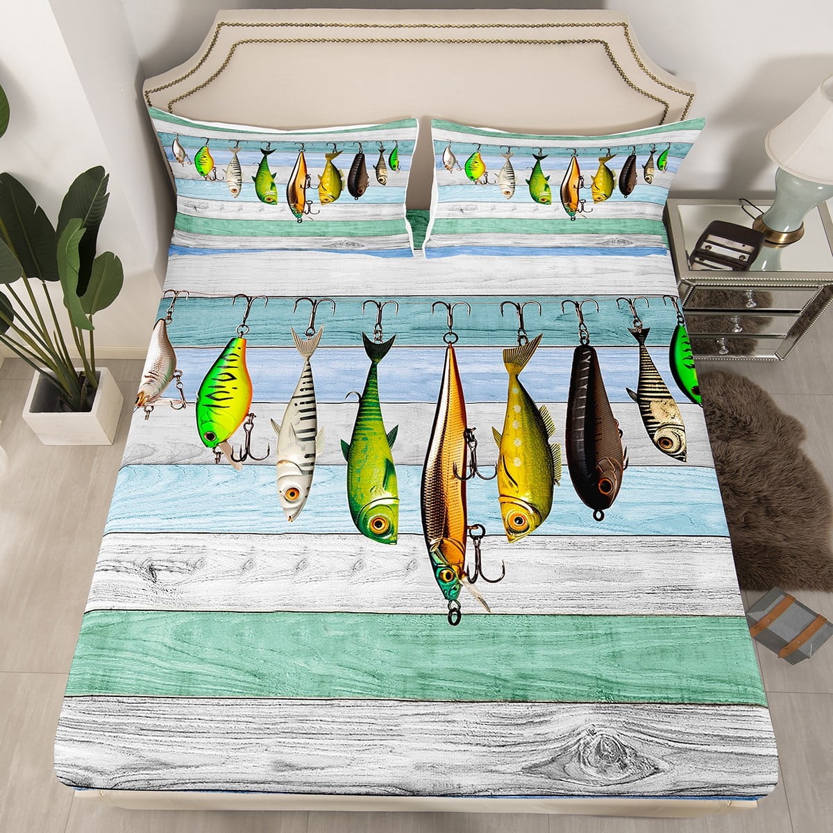 Colorful Fish Fitted Sheet Twin, Fish Hook Fishing Bed Sheets Set Teens ...