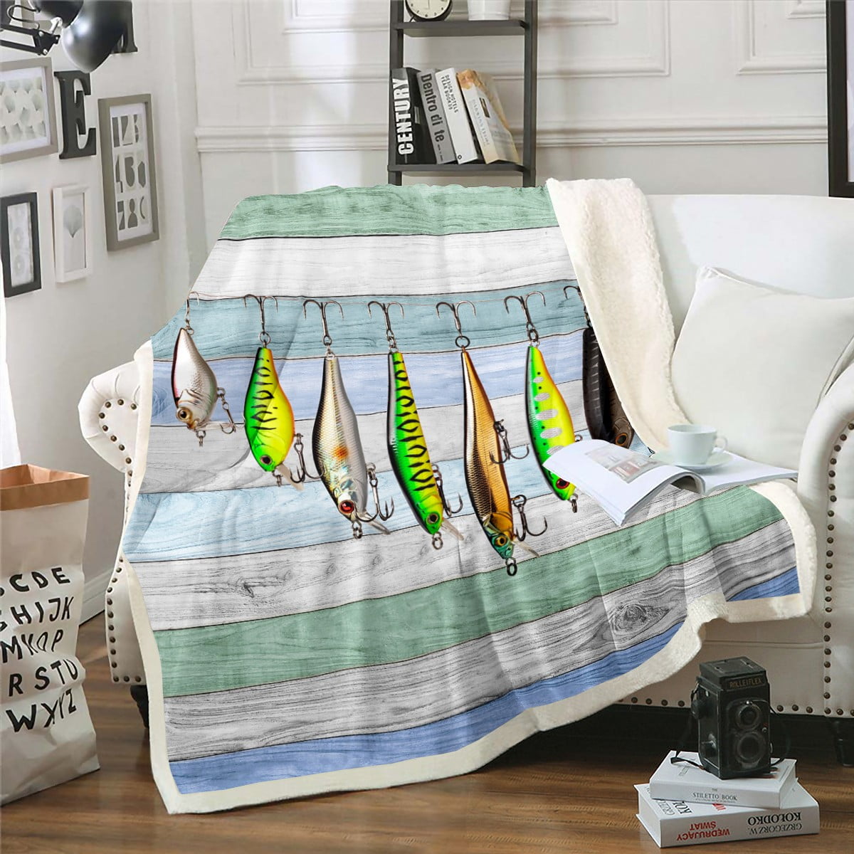 Colorful Fish Fleece Blanket Baby Size, Fish Hook Fishing Throw Blanket ...