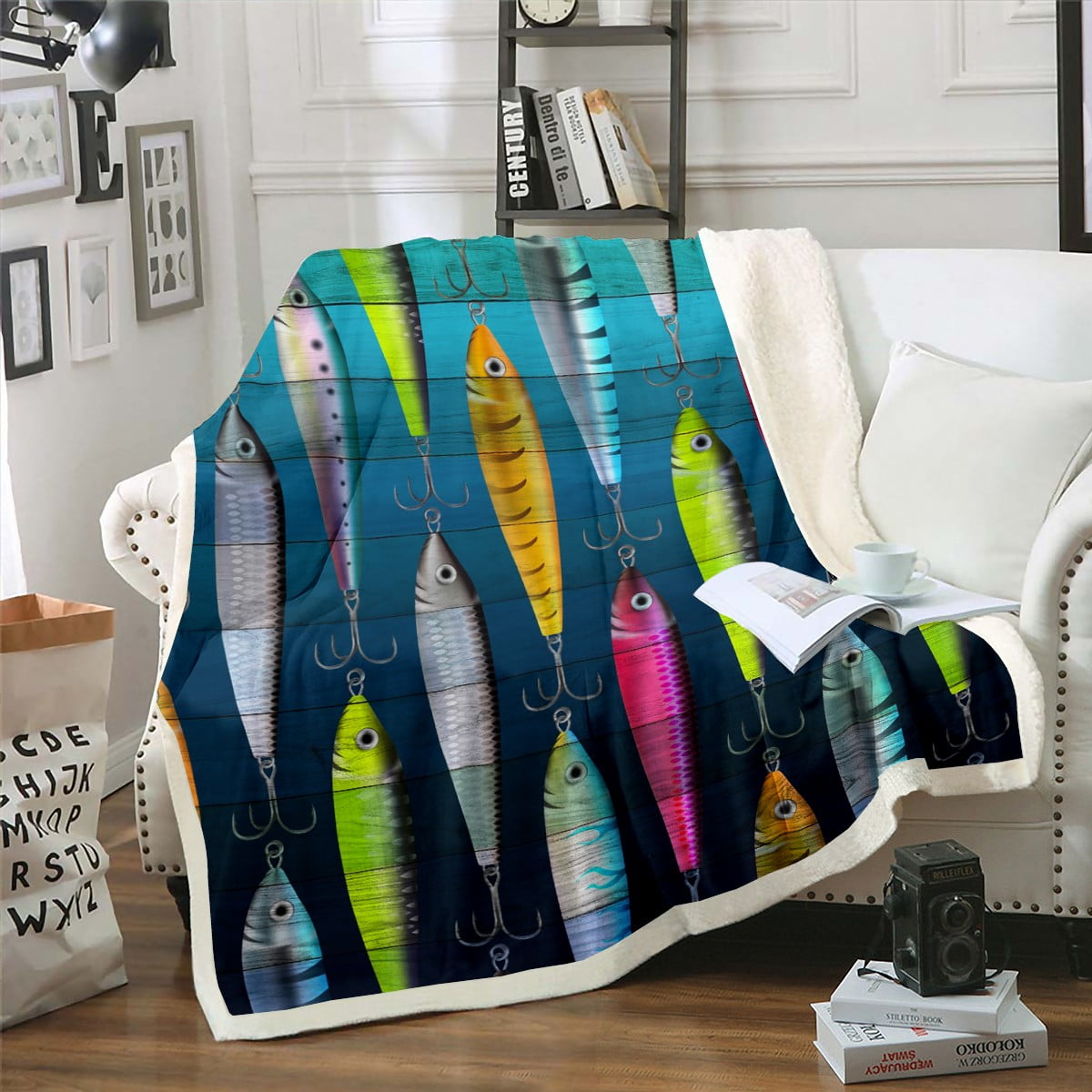 Colorful Fish Fleece Blanket Throw Size, Fish Hook Fishing Throw ...