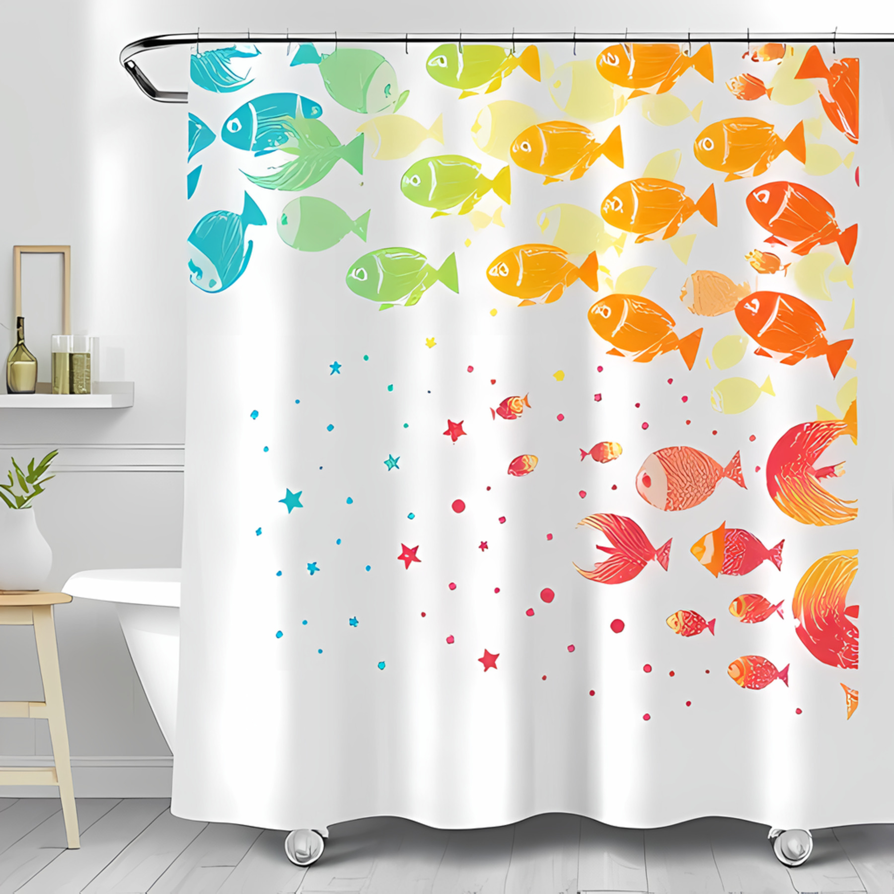 Colorful Fish Gradient Shower Curtain - Vibrant Design with Bubbles ...