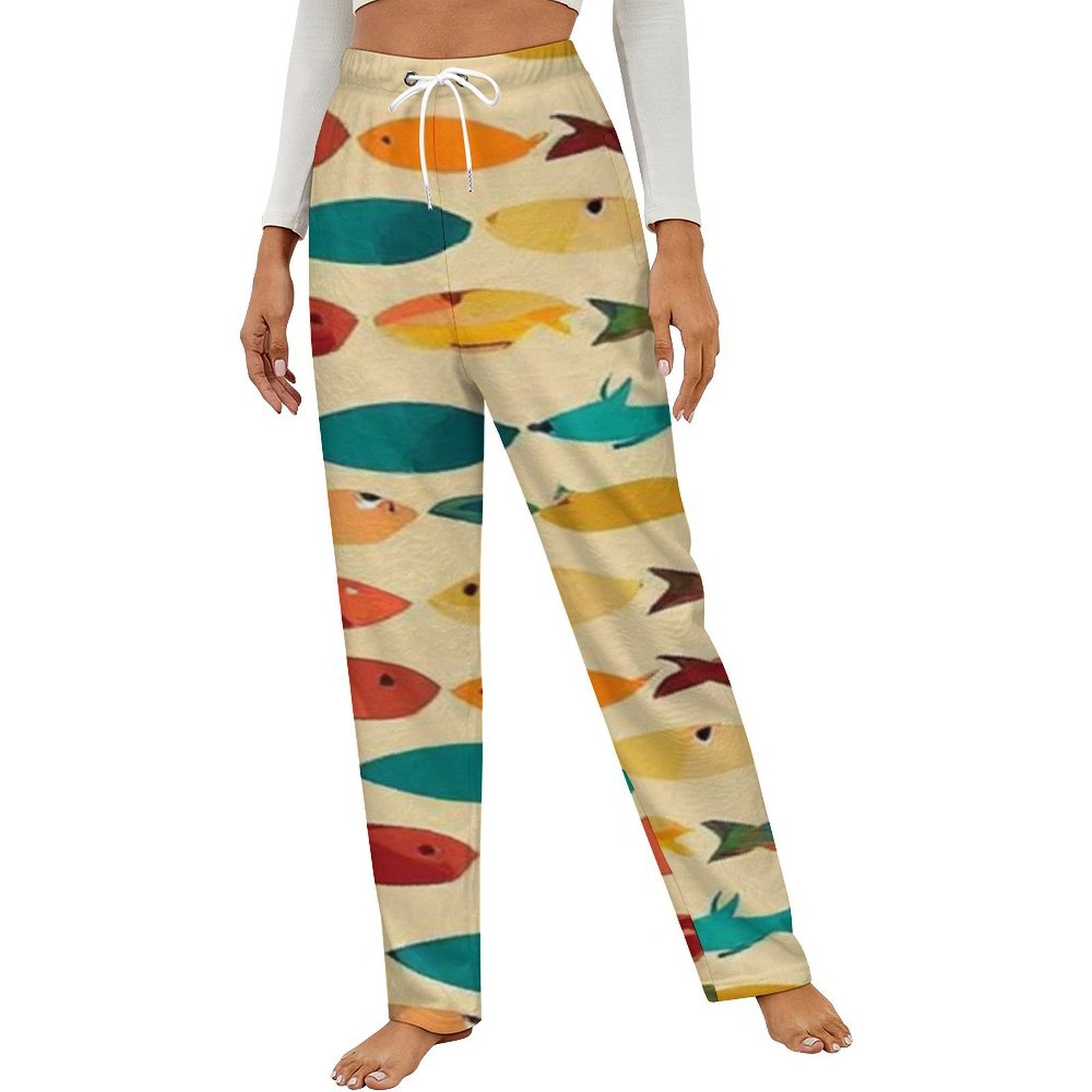 Colorful Fish Pattern Wall Art Winter Female Pants Flannel High Waist ...