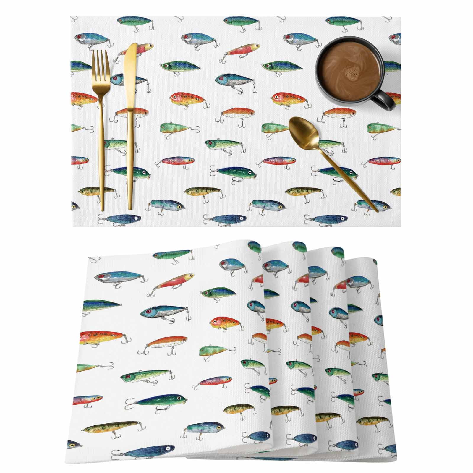 Colorful Fish Placemats Set of 12, Watercolor Cartoon Fishing Placemats ...