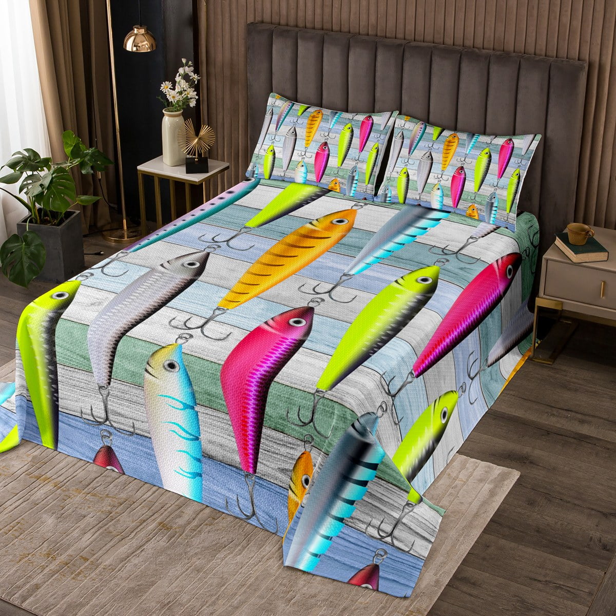 Colorful Fish Quilt Set Queen, Fish Hook Fishing Bedspread Set Teens ...