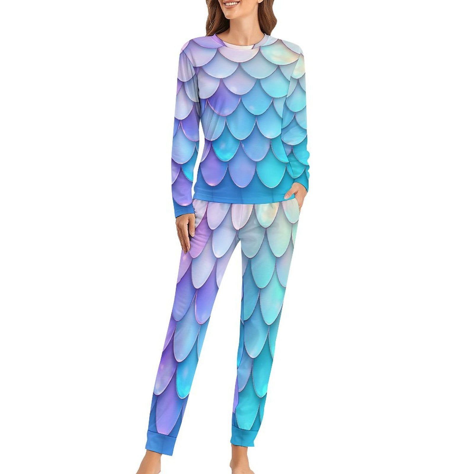 Colorful Fish Scale Pattern Pajamas Woman 2 Piece Vintage Pajamas Set ...