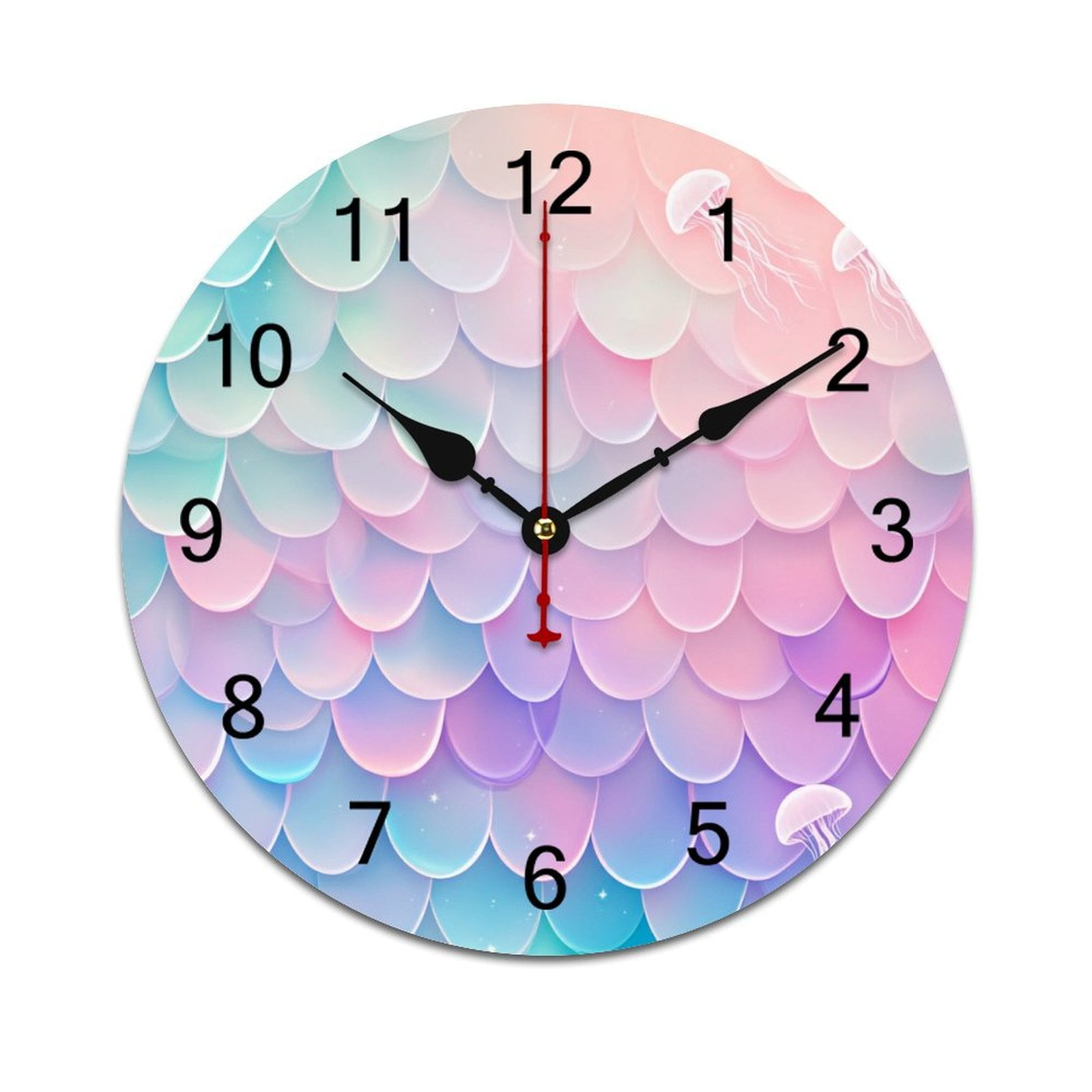 Colorful Fish Scale Pattern Printed Silent Wall Clock Round Kitchen Clock Chic Quiet Desk Clock ...