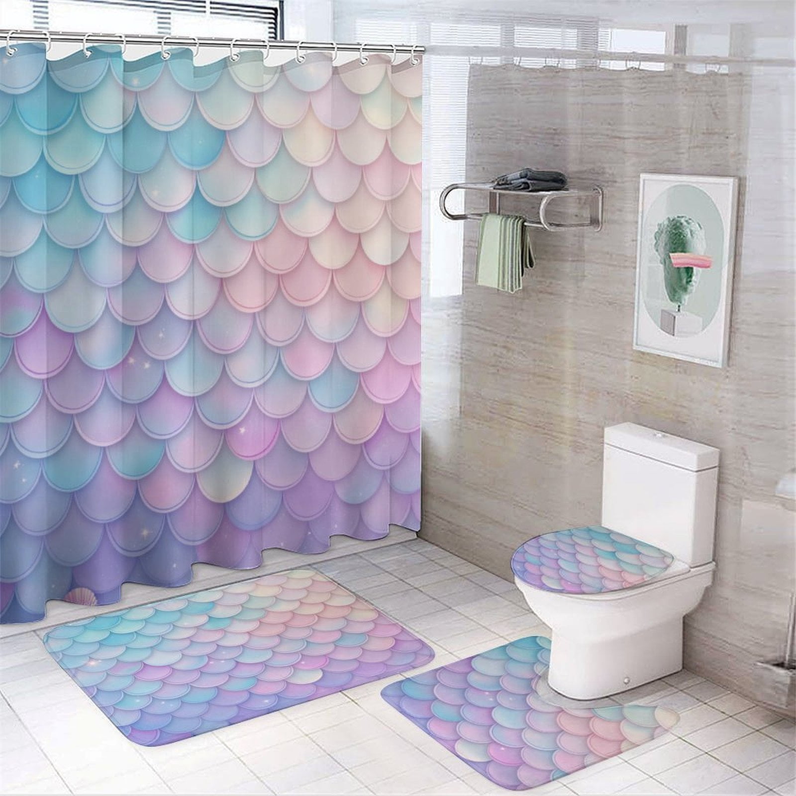 Colorful Fish Scale Pattern Shower Curtain And Rugs Mat Set For ...