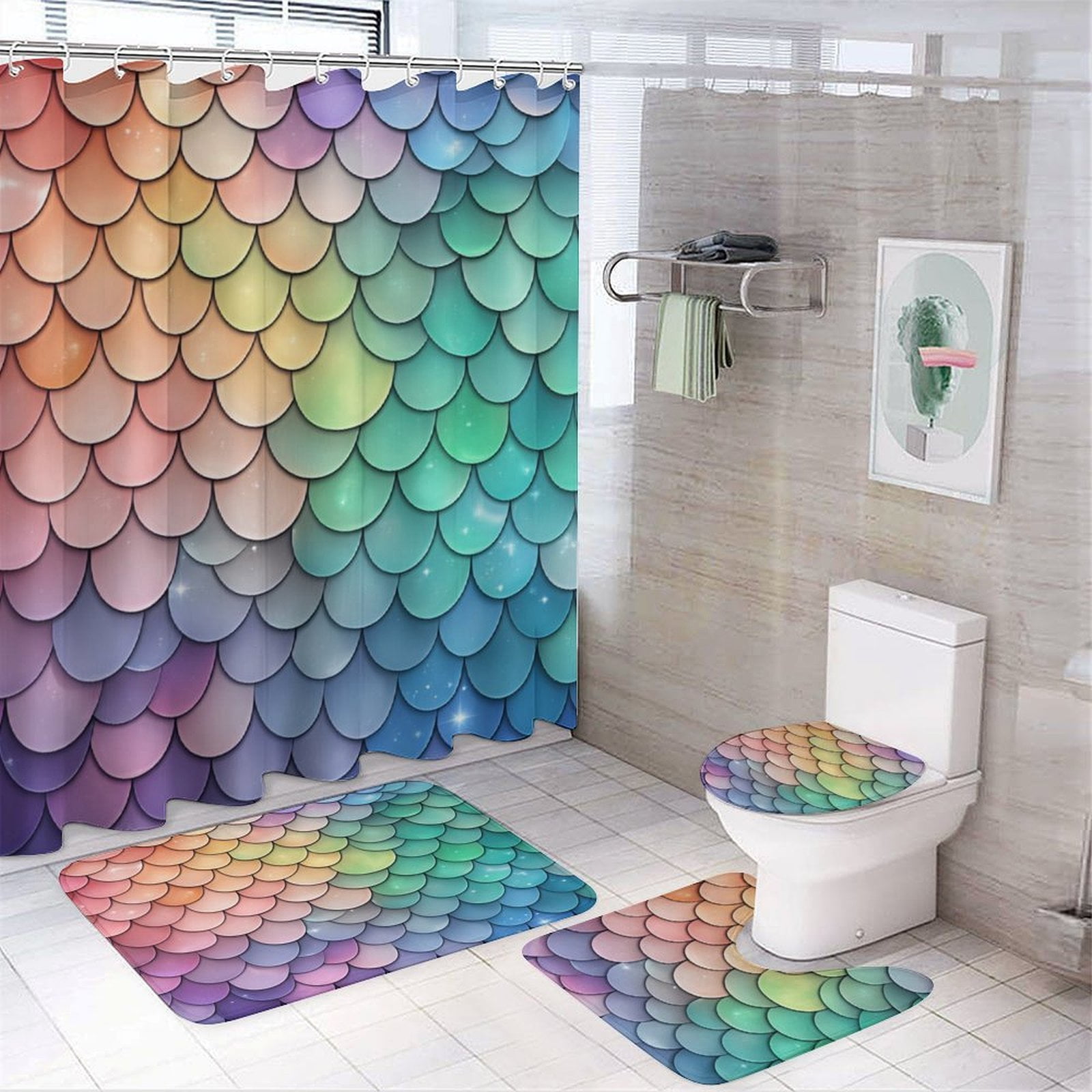 Colorful Fish Scale Pattern Shower Curtain And Rugs Mat Set For ...