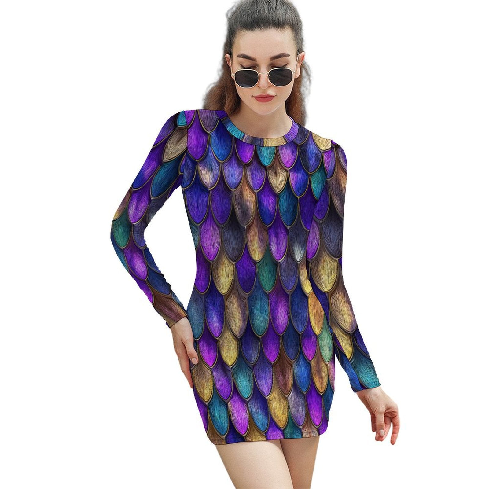 Colorful Fish Scale Pattern Women's Long Sleeve Bodycon Dress Soft ...