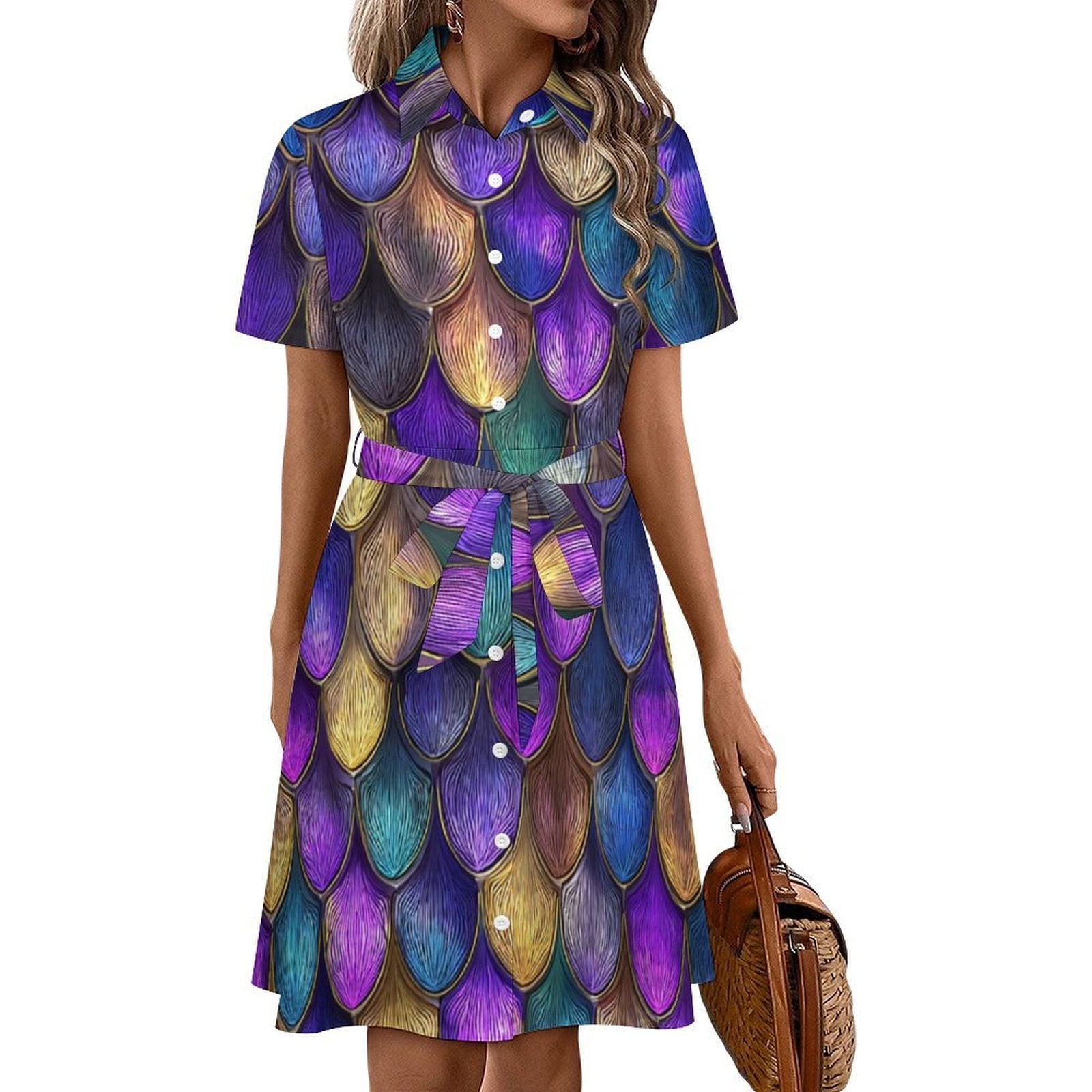 Colorful Fish Scale Pattern Womens Shirt Dresses Women'S Short Sleeve ...