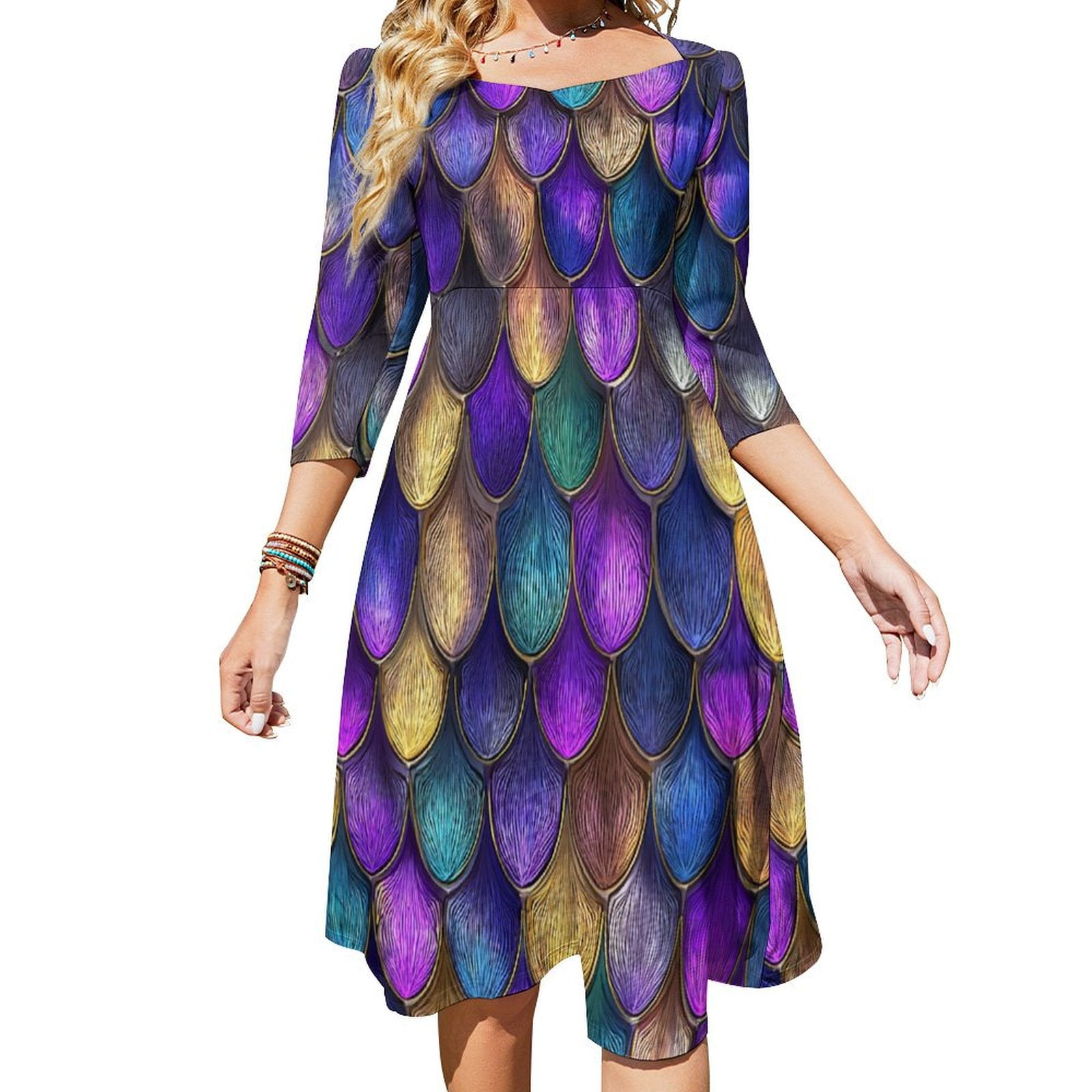 Colorful Fish Scale Pattern Womens Summer Dress Tie Back A Line Flare ...