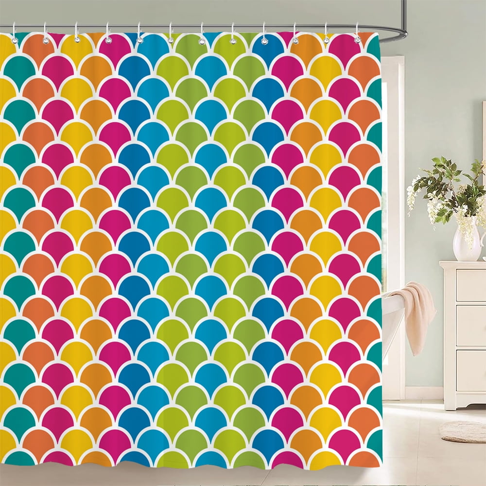Colorful Fish Scale Waves Shower Curtains 3D Printed Waterproof Fabric ...
