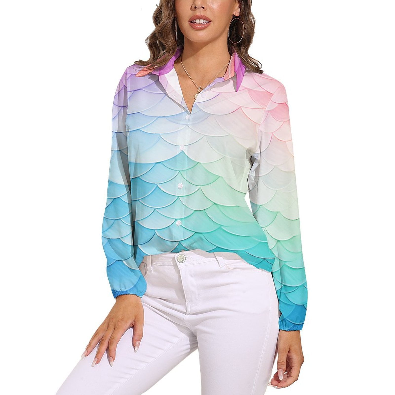 Colorful Fish Scales 3D Blouse Spring Long Sleeve Casual Blouses Woman ...