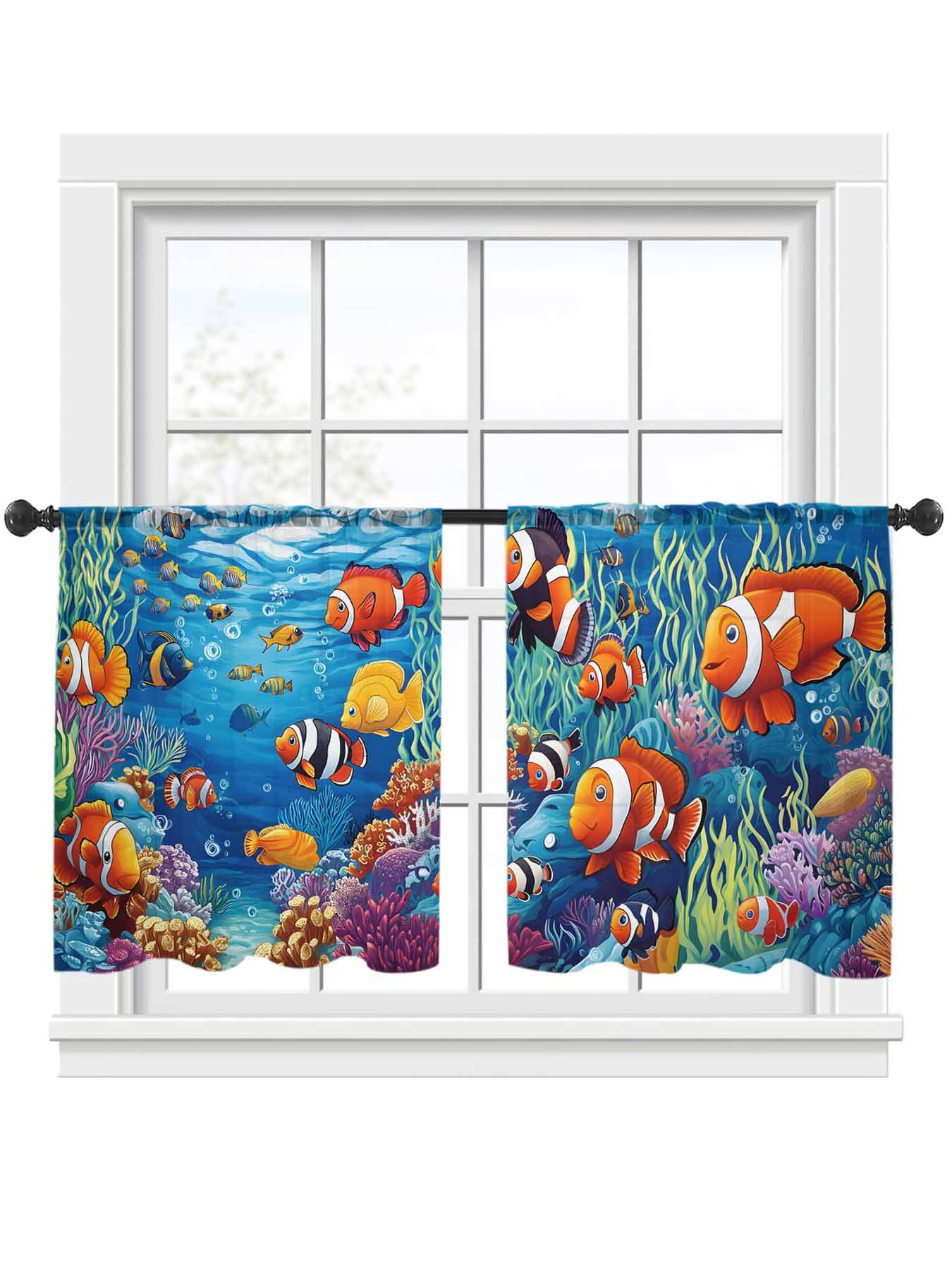 Colorful Fish Sheer Curtains 2 Panels Set Bubble Seagrass Coral Sheer ...