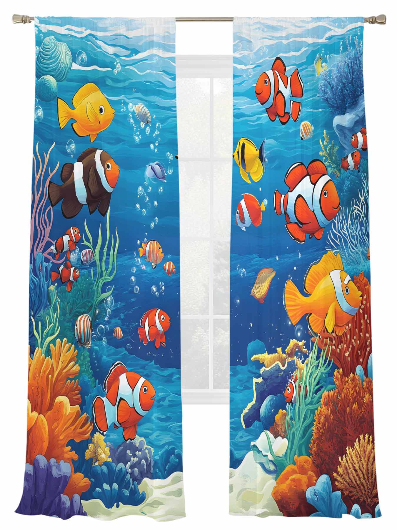 Colorful Fish Sheer Curtains 2 Panels Set Seagrass Coral Sheer Window ...