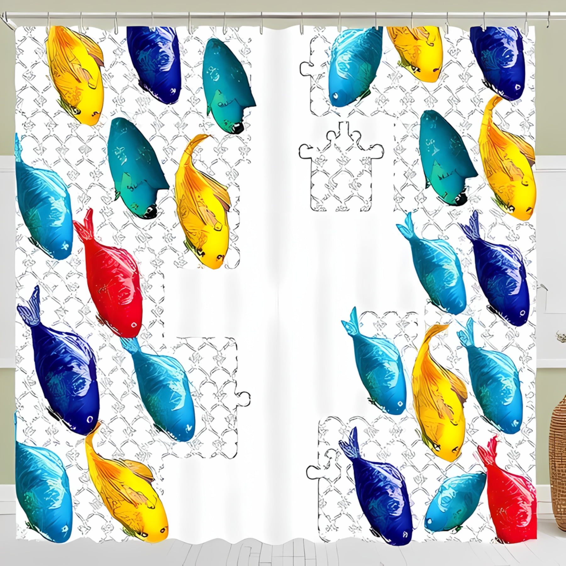 Colorful Fish Shower Curtain - Playful Cartoon Style with Grey Pattern ...