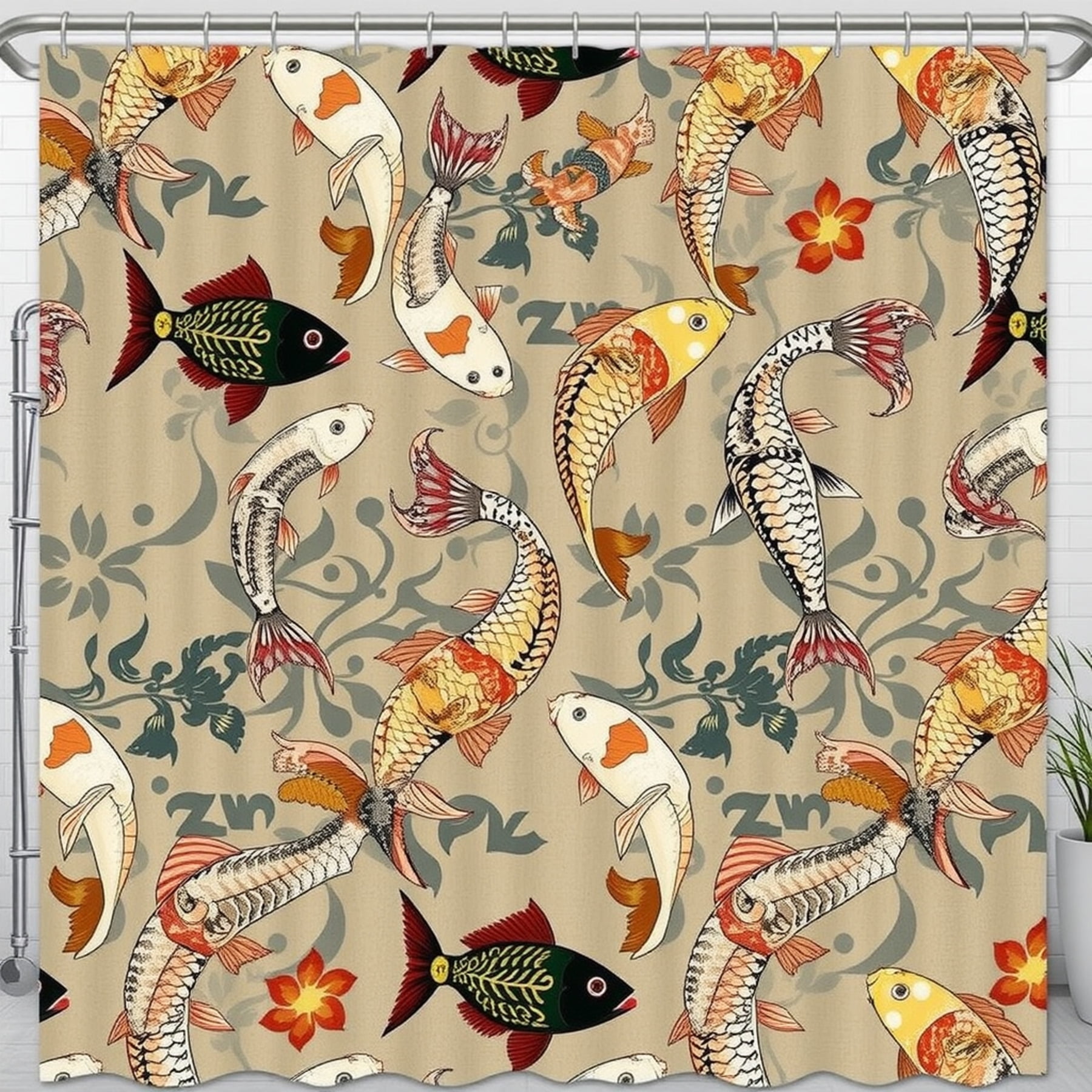 Colorful Fish Shower Curtain with Floral Vines - Whimsical Asian Art ...