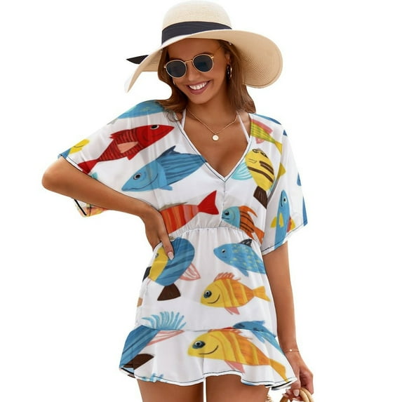 Colorful Fish Swim Happily White Background Cover Ups Dresses Women ...