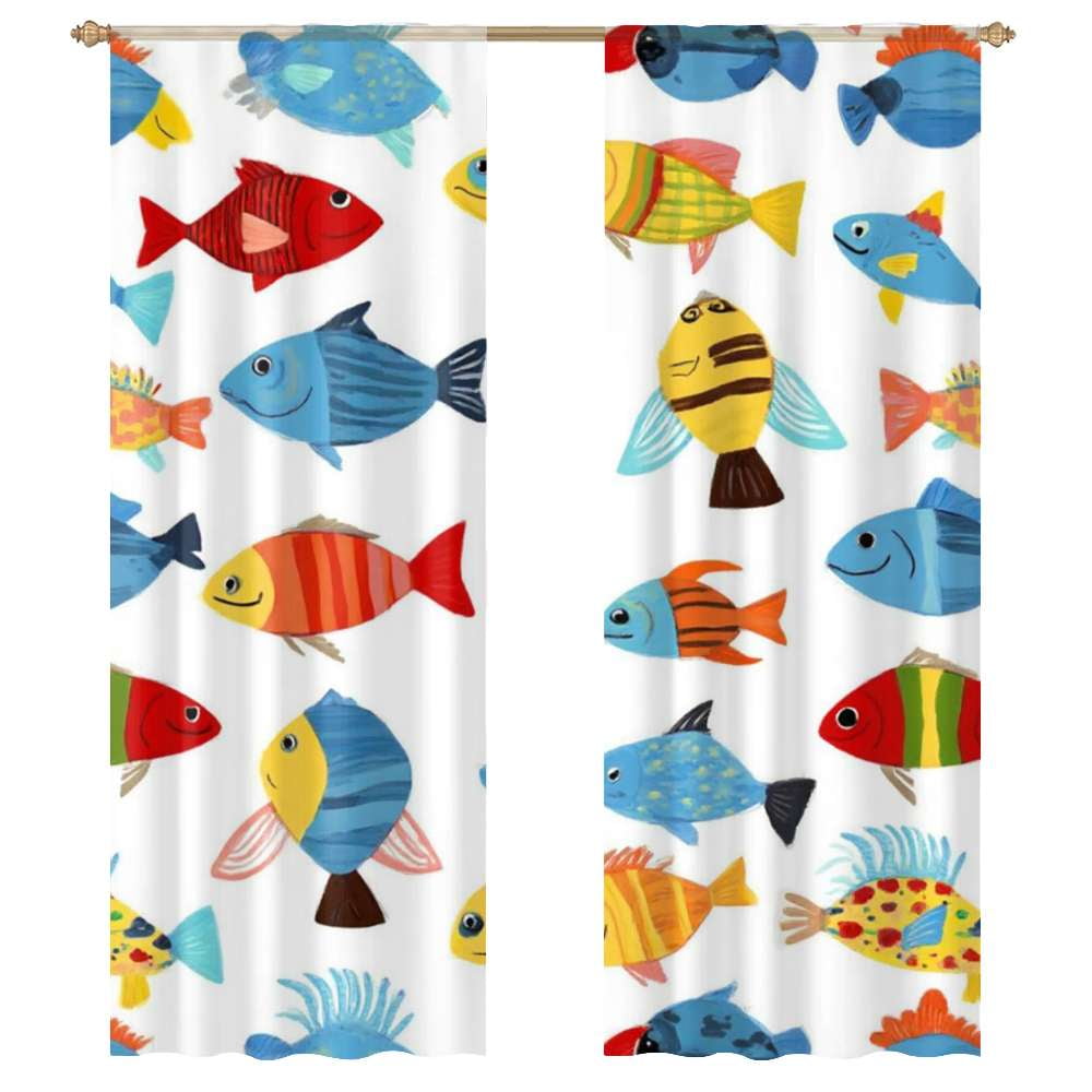 Colorful Fish Swim Happily White Background Tulle Curtains For Living ...