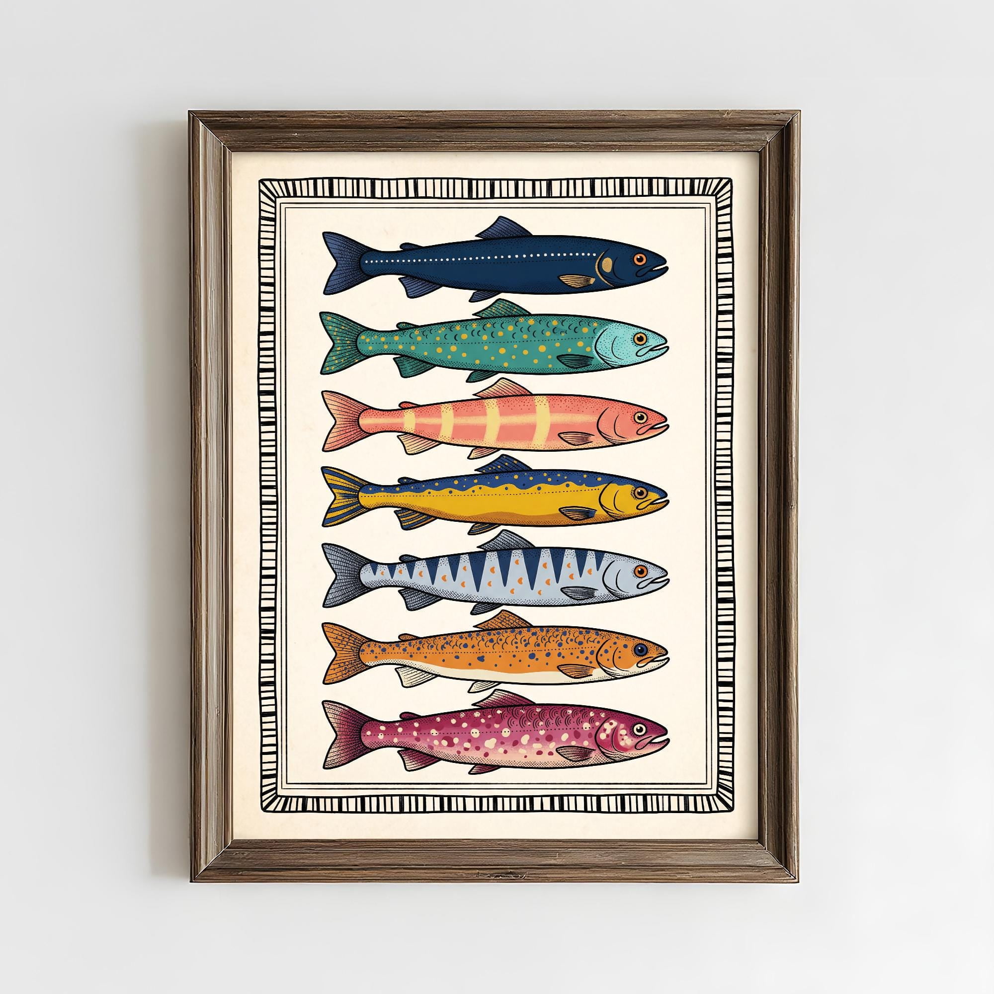 Colorful Fish Wall Art Print | Striped Retro Fish Illustration ...