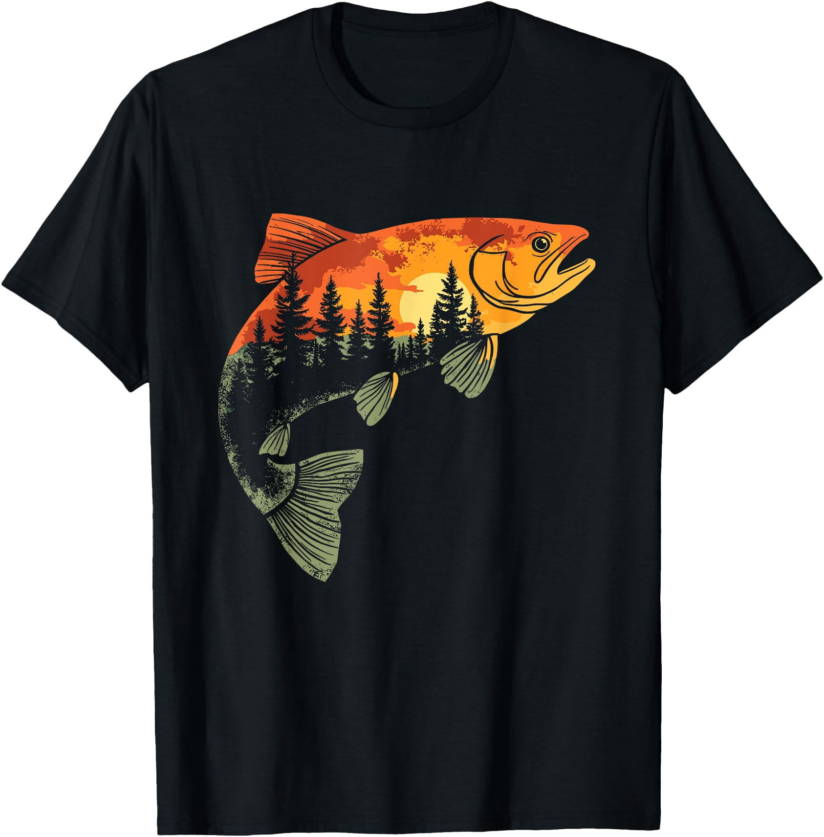 Colorful Fish and Forest Sunset Design T-Shirt for Angler Fisherman ...