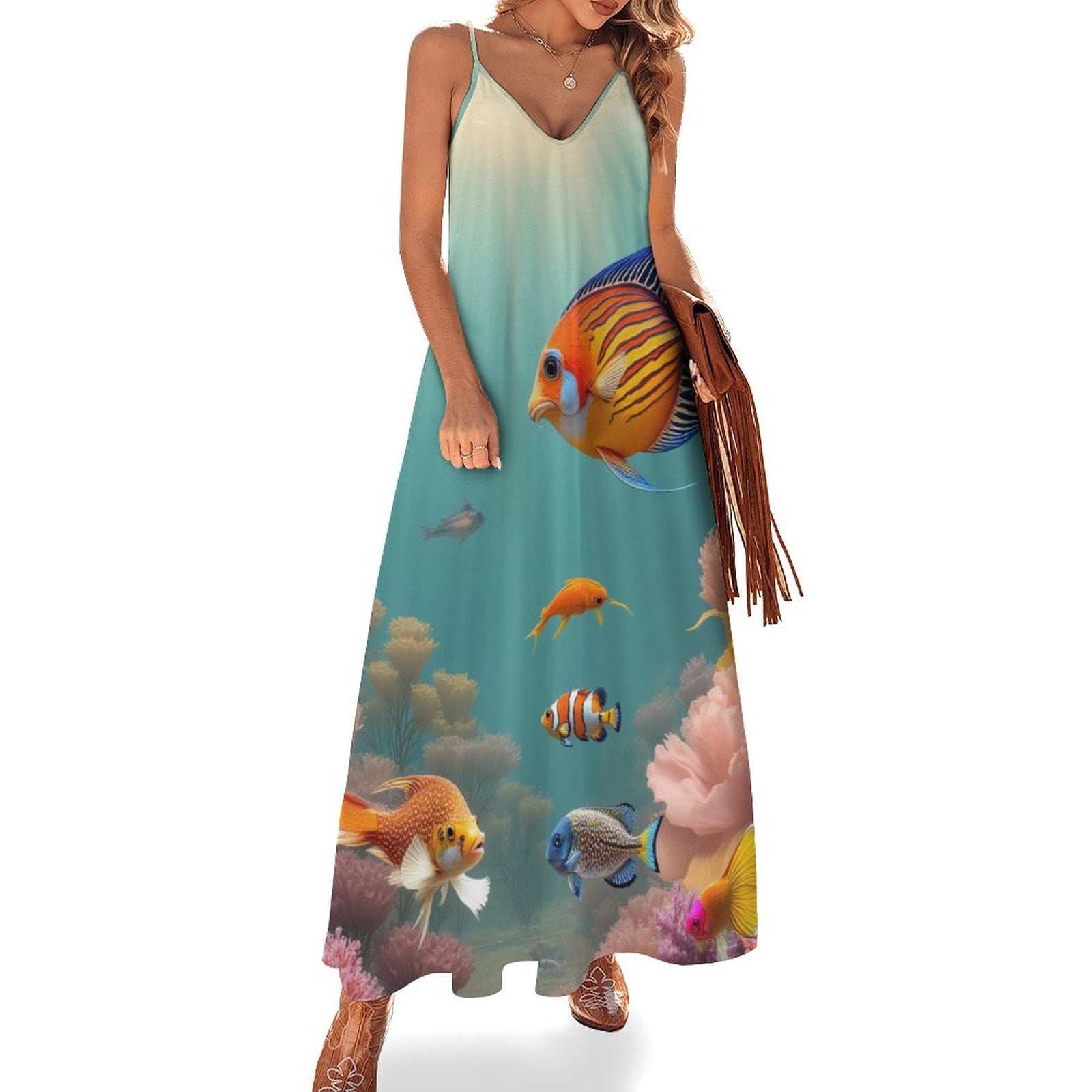 Colorful Fish in Coral Reef Sleeveless Dress Women's Luxury Party Dress ...