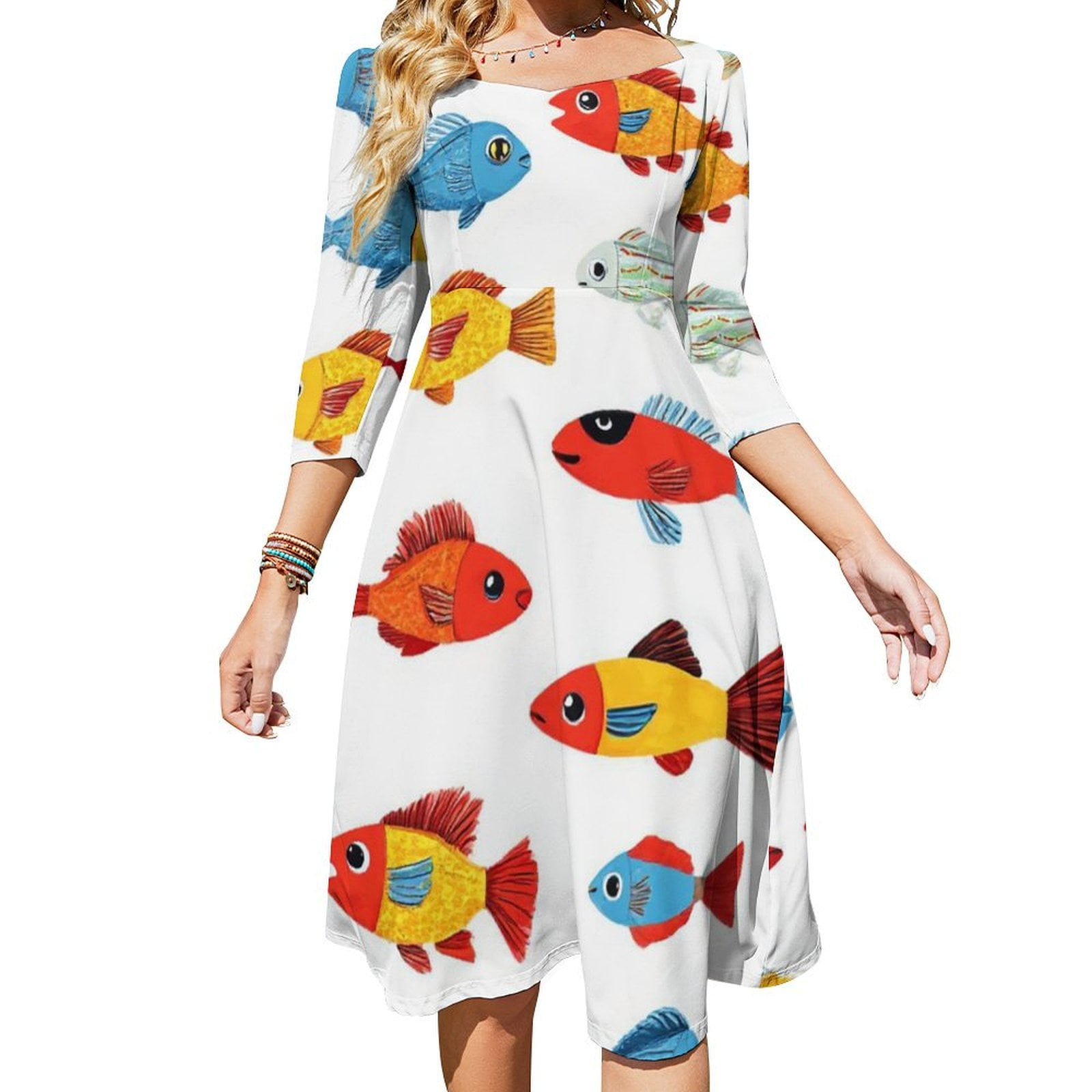Colorful Fishes Swim Happily Together Womens Summer Dress Tie Back A ...