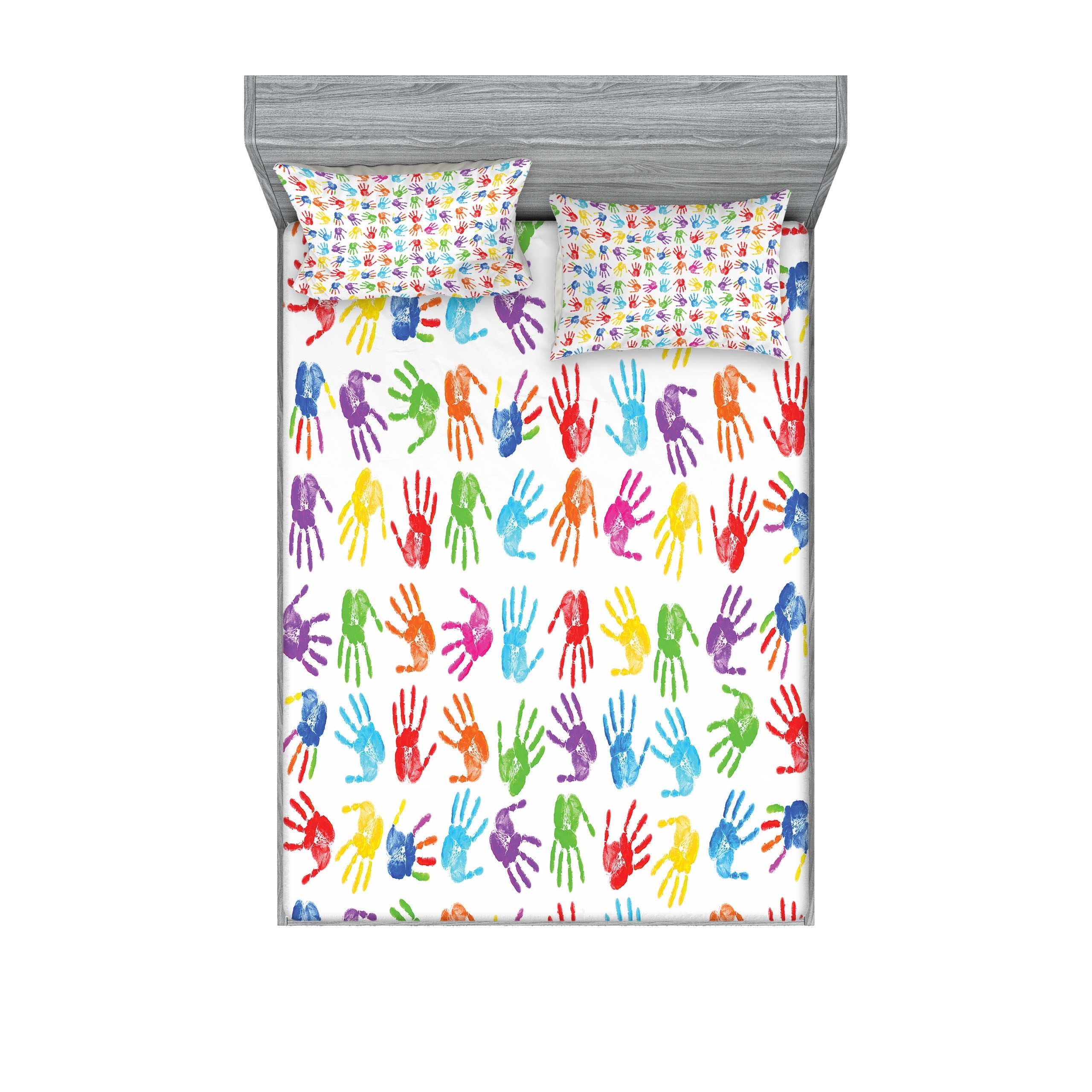 Colorful Fitted Sheet & Pillow Sham Set, Human Handprint Watercolor ...