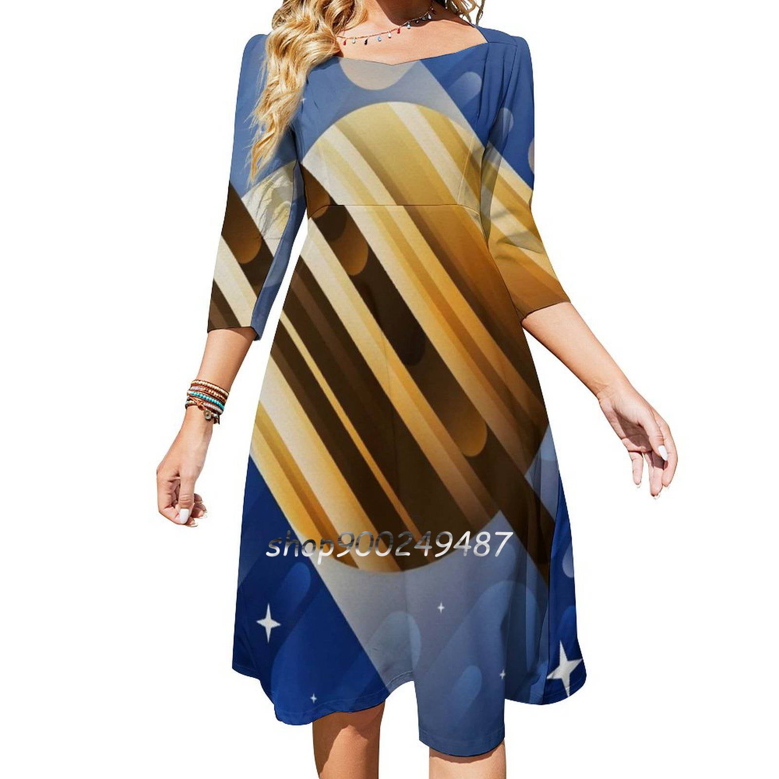 Colorful Flare Dress Square Neck Dress Elegant Female Fashion Printed ...