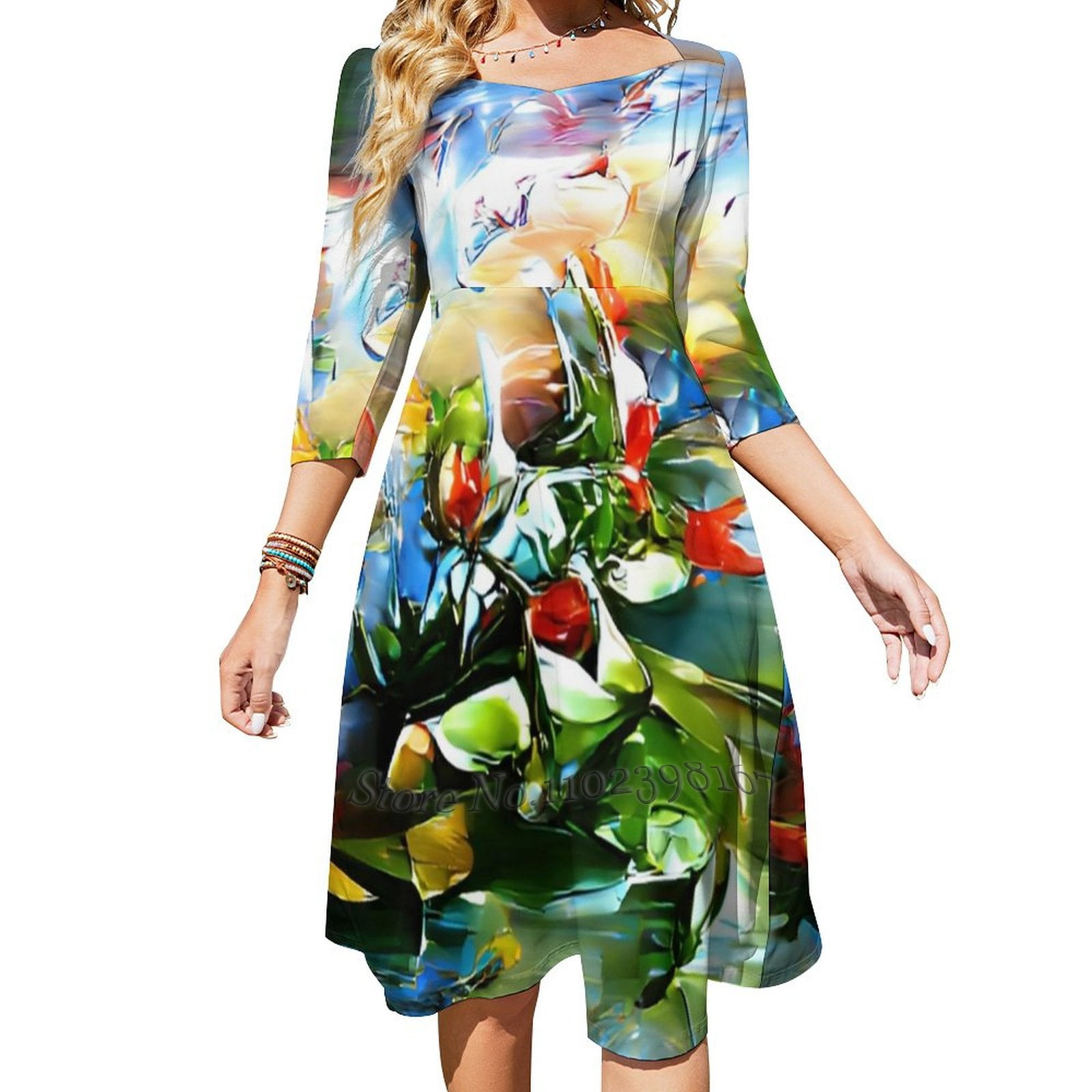 Colorful Flare Dress Square Neck Dress Elegant Female Fashion Printed ...