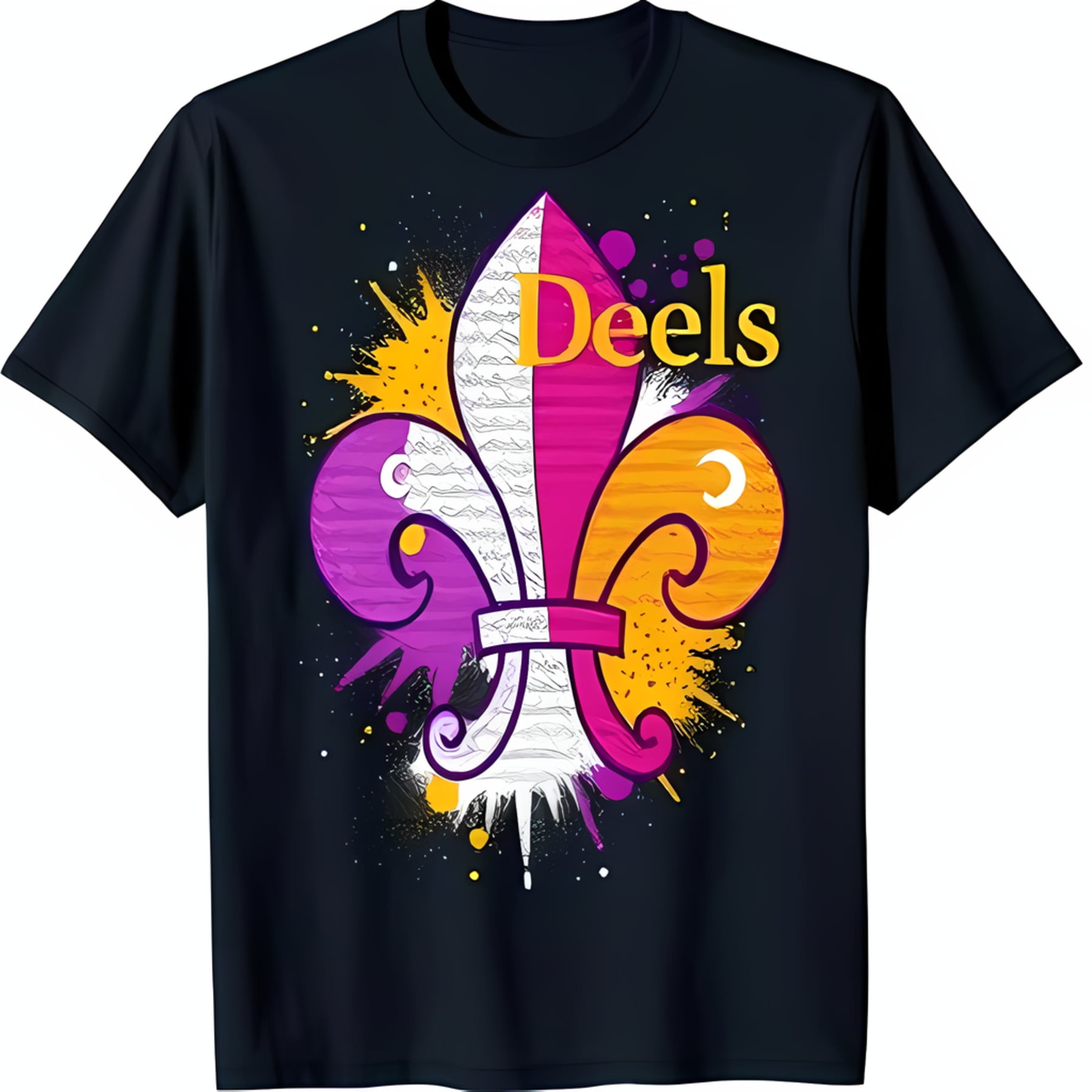 Colorful Fleur de Lis Design Black T-Shirt with Splatter & 'Deels' Text ...