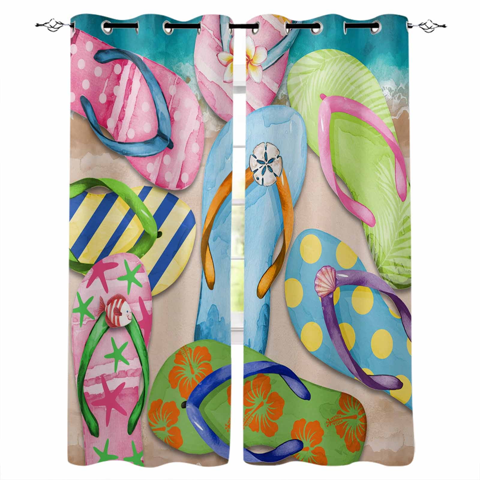 Colorful Flip Flops Blackout Curtains 84 Inches Long, Summer Blue Beach ...
