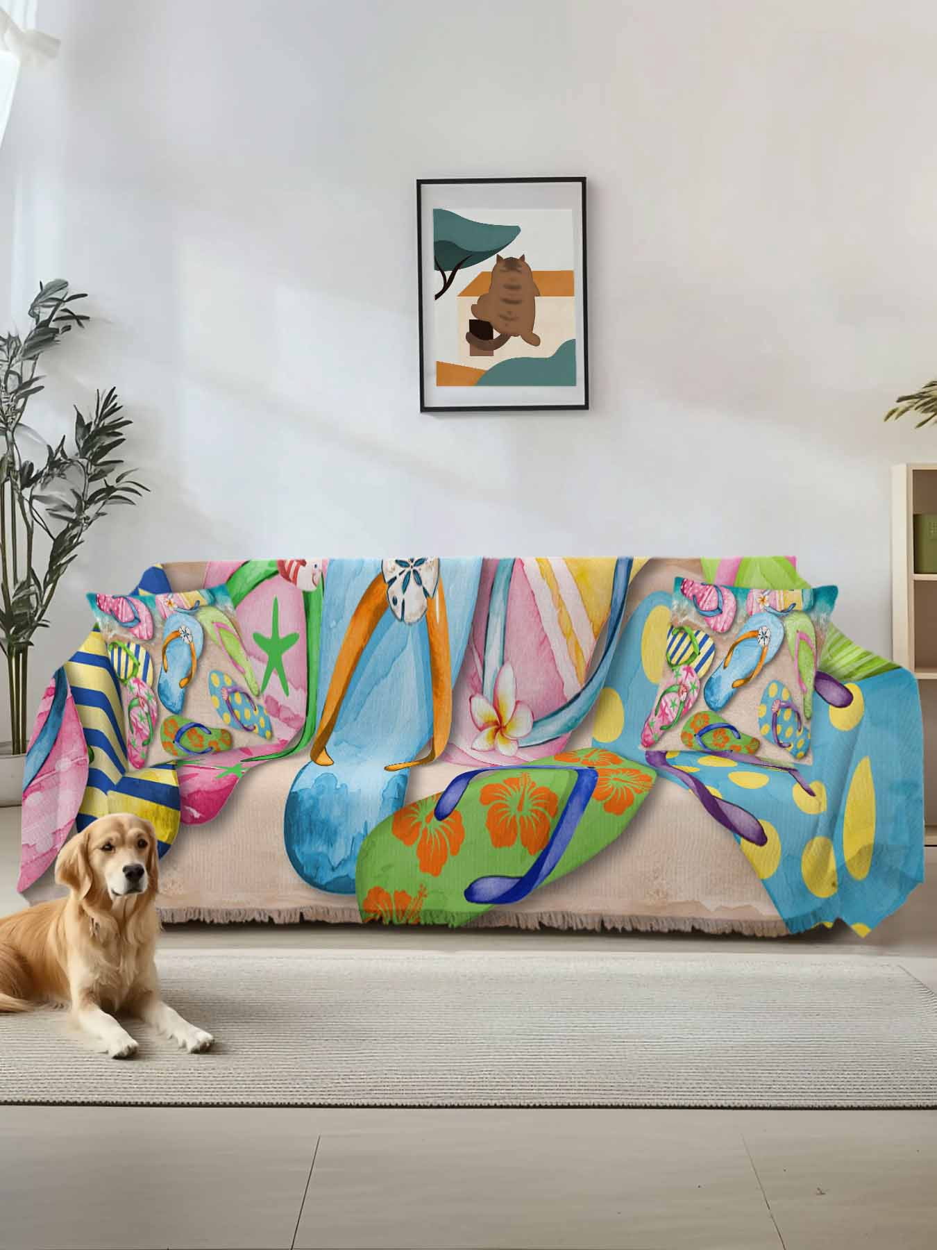 Colorful Flip Flops Couch Cover for 2 Cushion Couch, Summer Blue Beach ...
