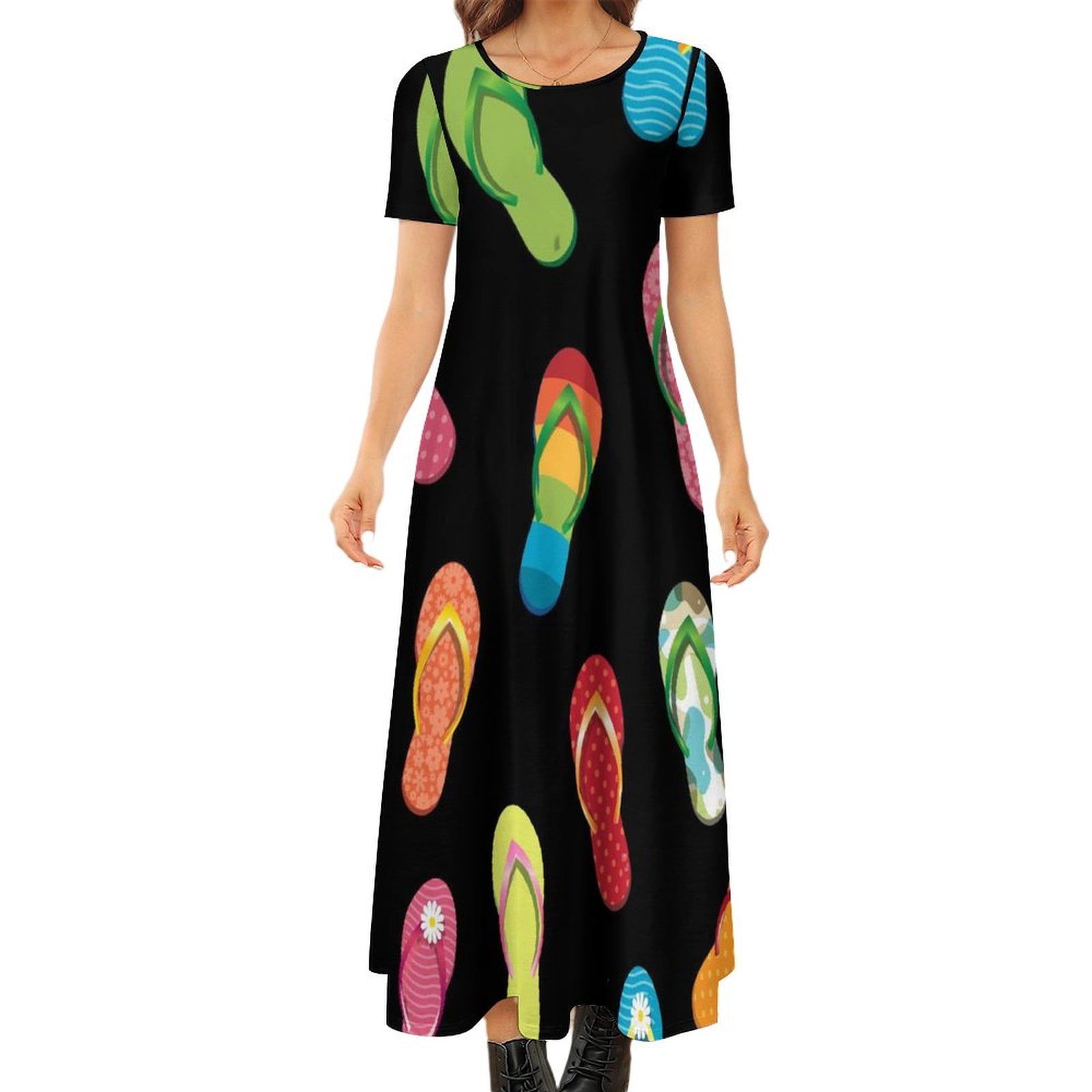 Colorful Flip Flops Maxi Dress for Women Crew Neck Beach Dress Short ...