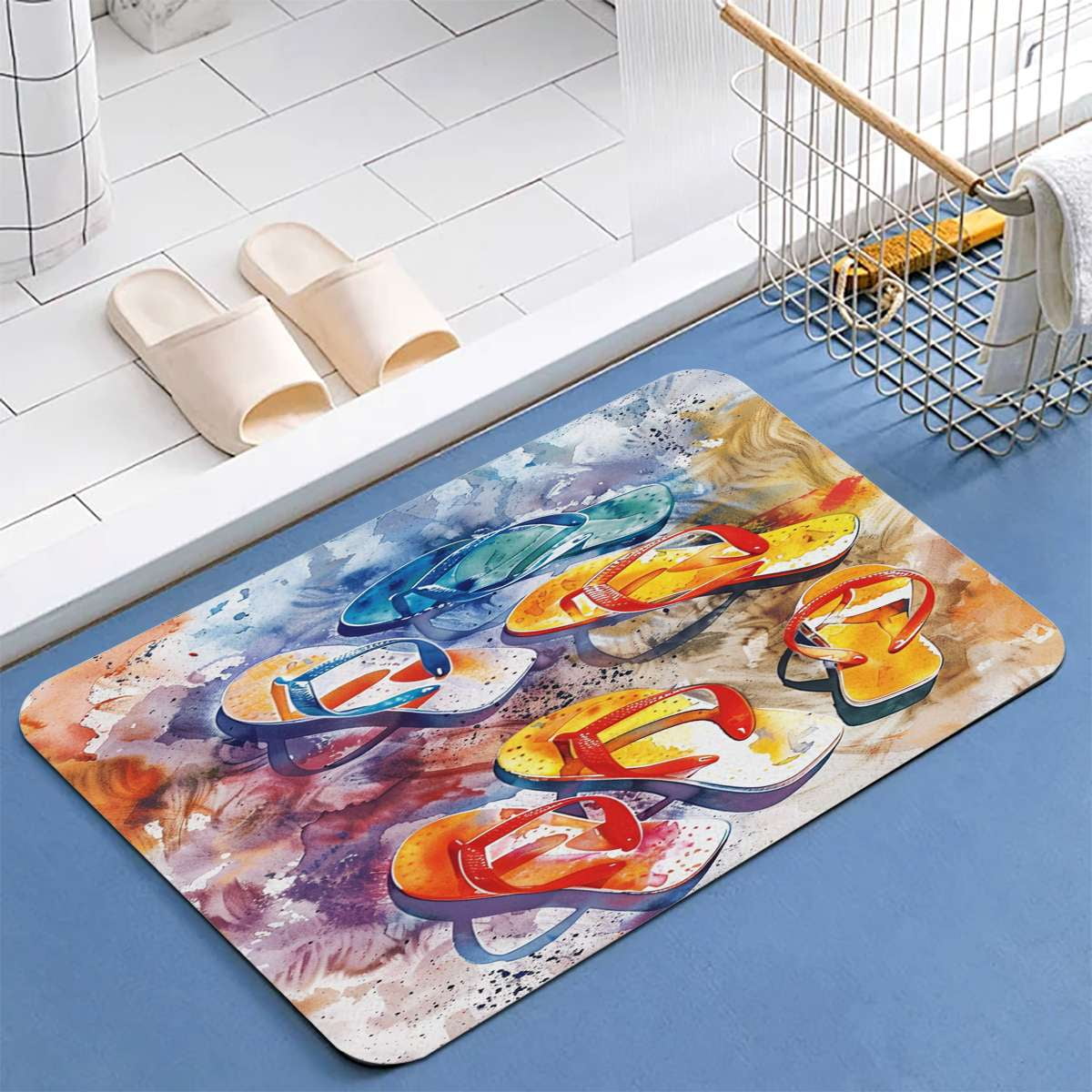 Colorful Flip Flops On Beach Diatomite Bath Mats Bathroom Absorbent ...