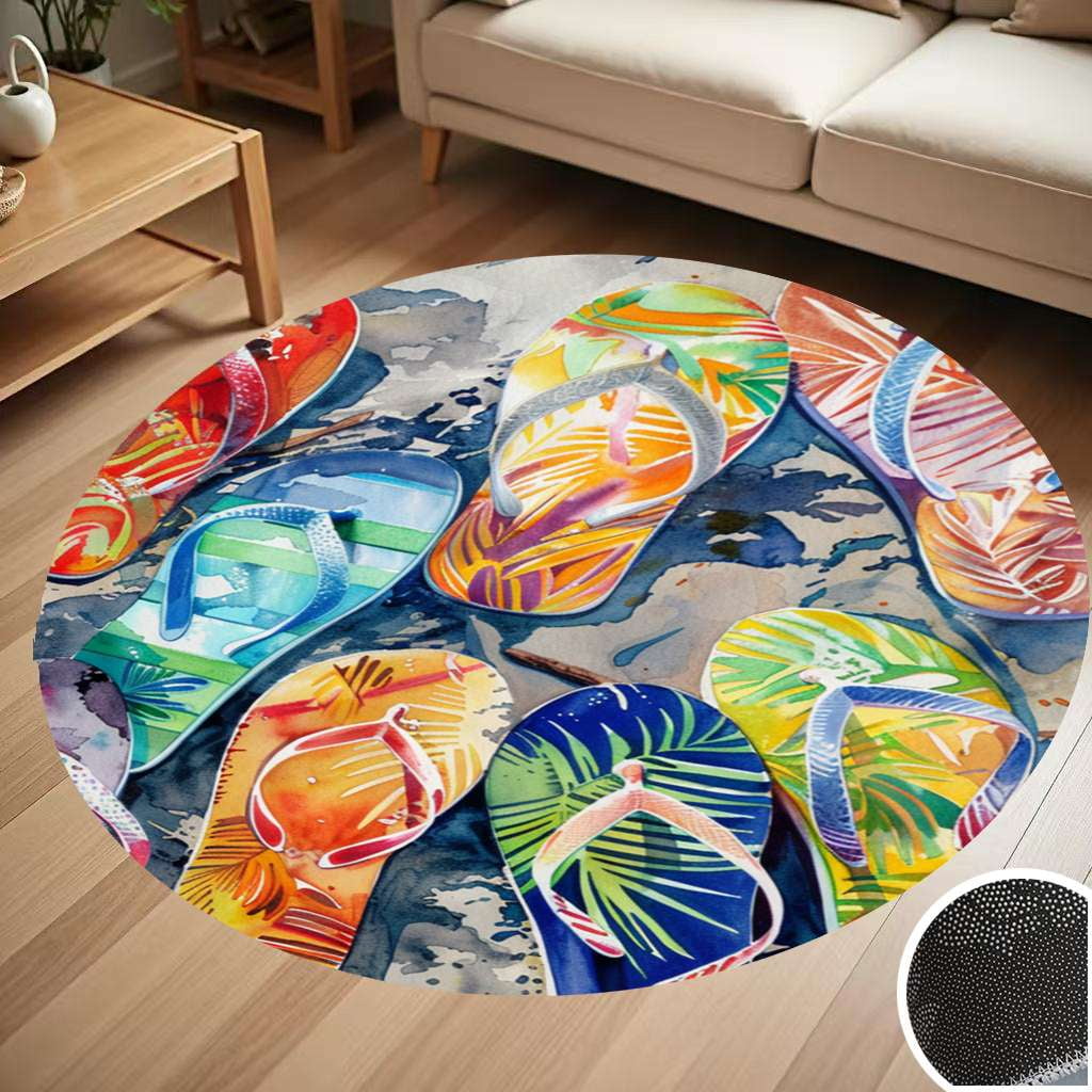 Colorful Flip Flops On Beach Round Carpet Living Room Bedroom Home ...