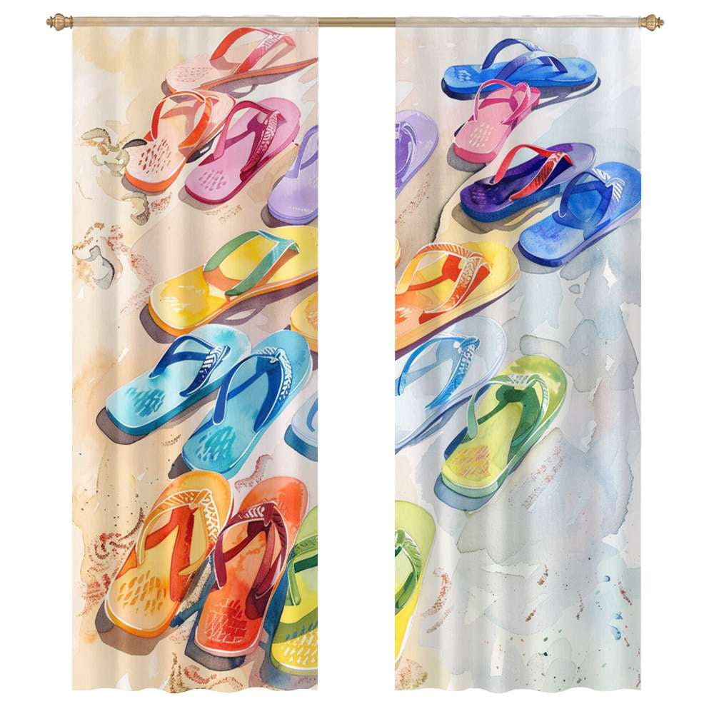 Colorful Flip Flops On Beach Sheer Voile Curtain Window Tulle Curtains ...