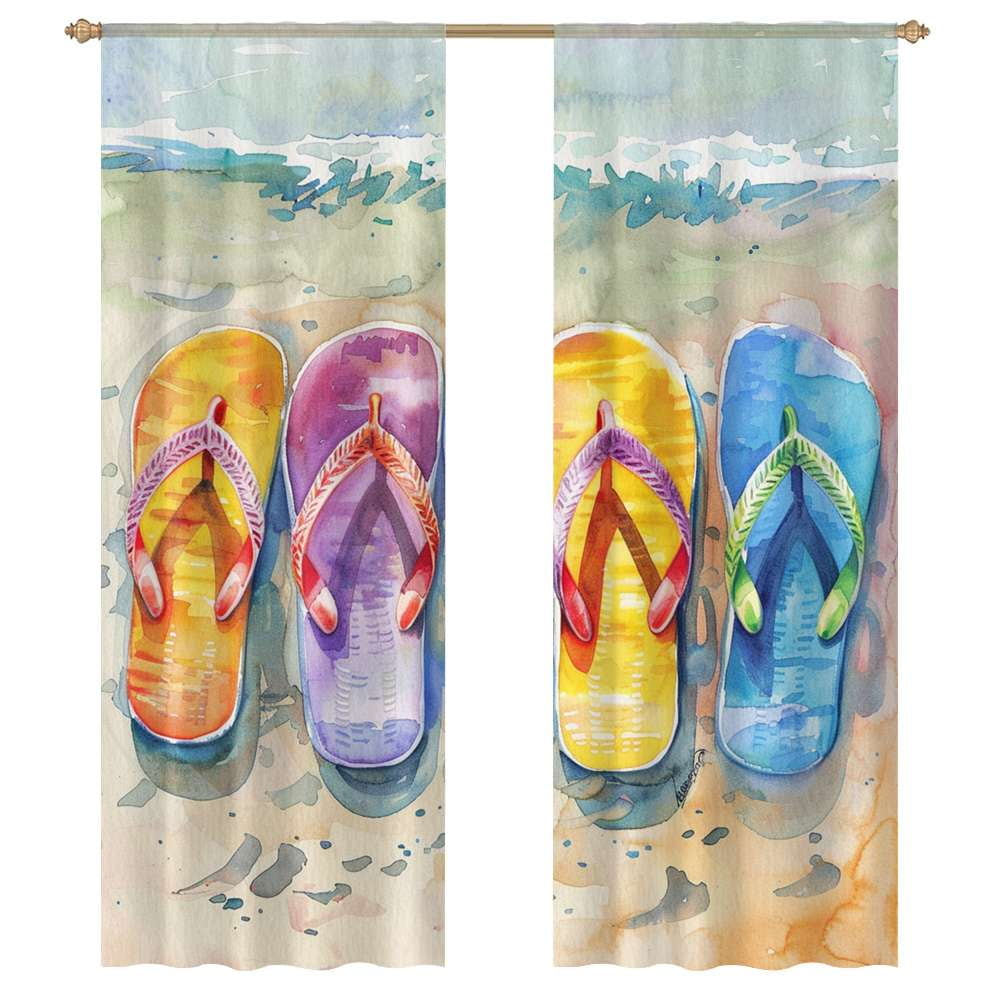 Colorful Flip Flops On Beach Sheer Voile Curtain Window Tulle Curtains ...