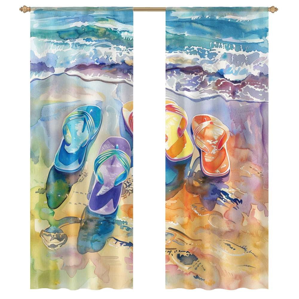 Colorful Flip Flops On Beach Sheer Voile Curtain Window Tulle Curtains ...