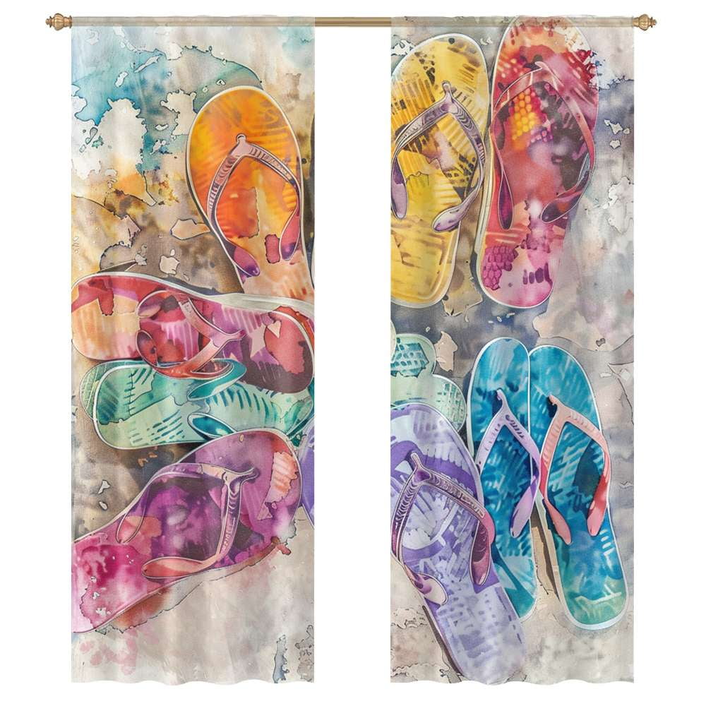 Colorful Flip Flops On Beach Sheer Voile Curtain Window Tulle Curtains ...