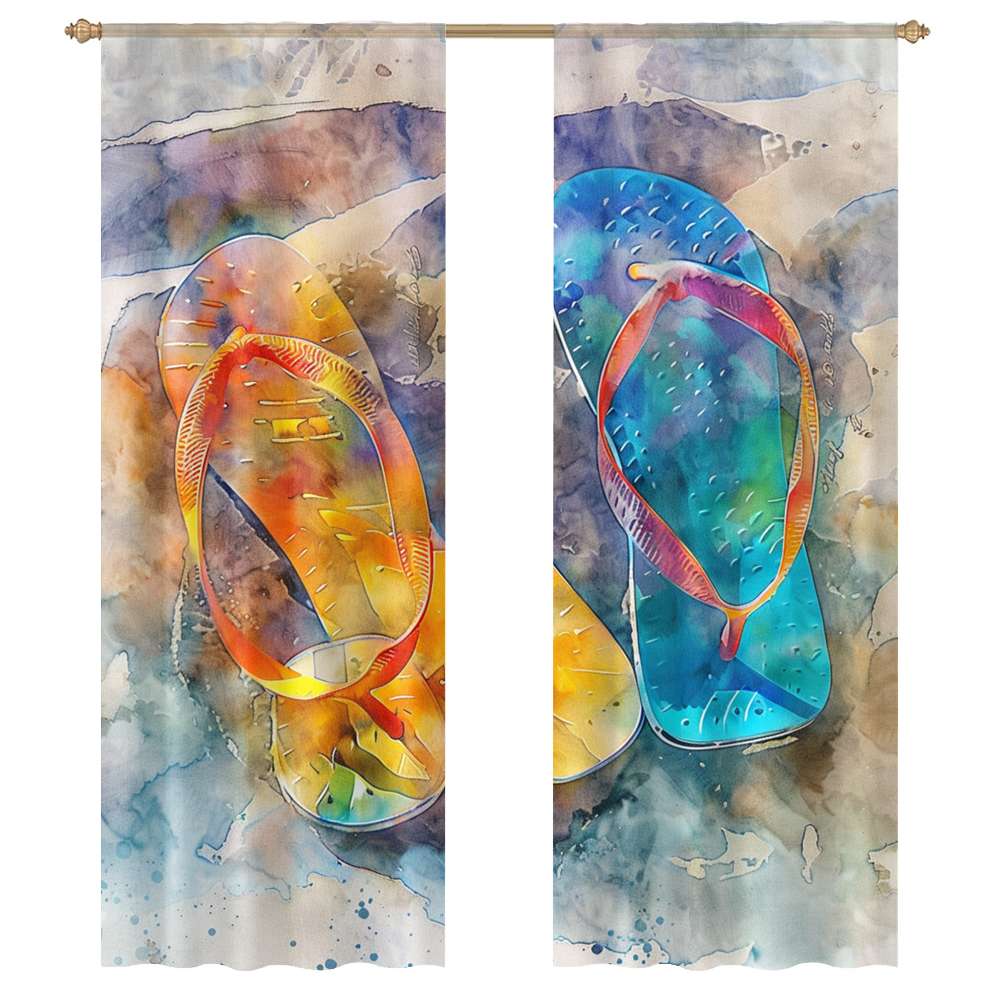 Colorful Flip Flops On Beach Sheer Voile Curtain Window Tulle Curtains ...