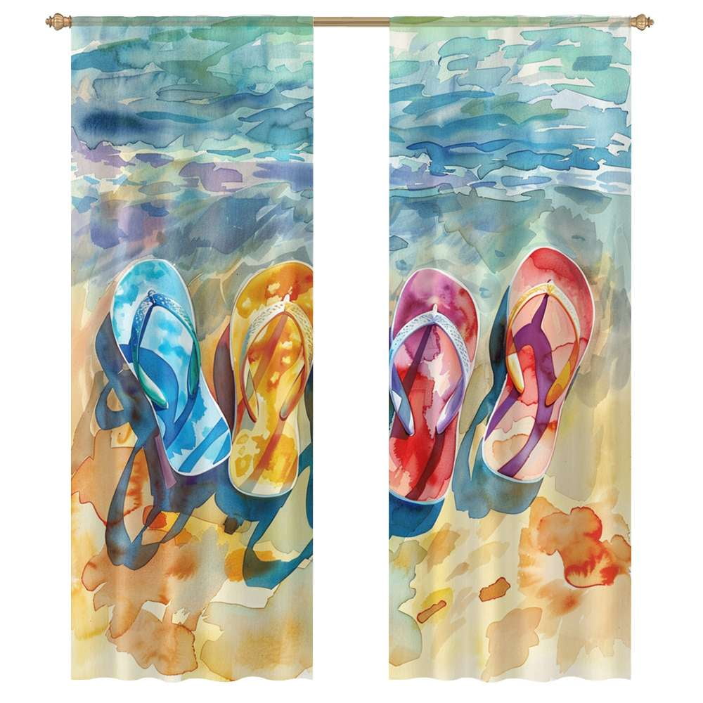 Colorful Flip Flops On Beach Sheer Voile Curtain Window Tulle Curtains ...