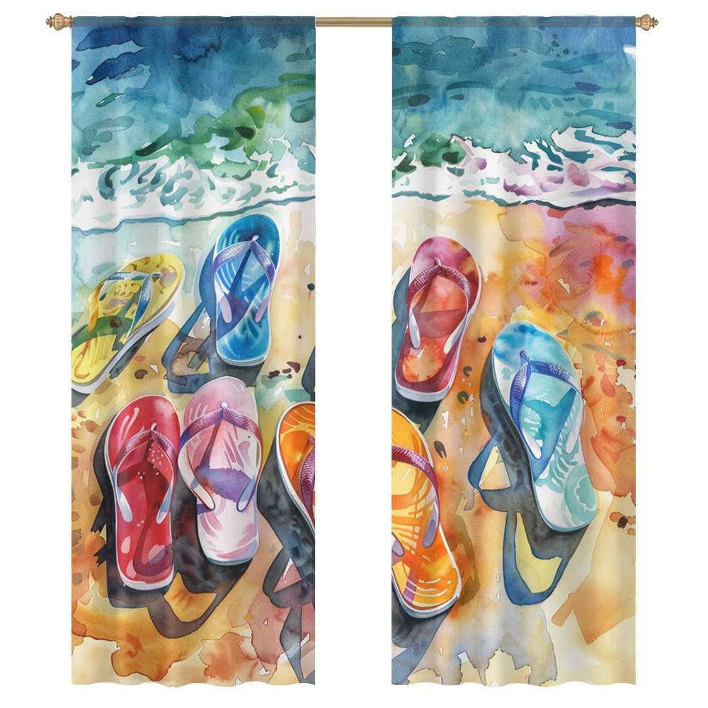 Colorful Flip Flops On Beach Sheer Voile Curtain Window Tulle Curtains ...