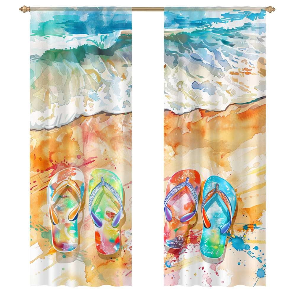 Colorful Flip Flops On Beach Sheer Window Curtains for Living Room ...
