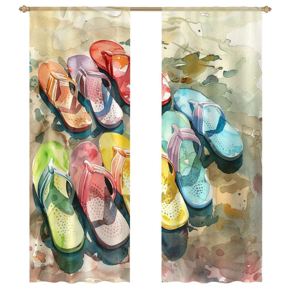 Colorful Flip Flops On Beach Sheer Window Curtains for Living Room ...