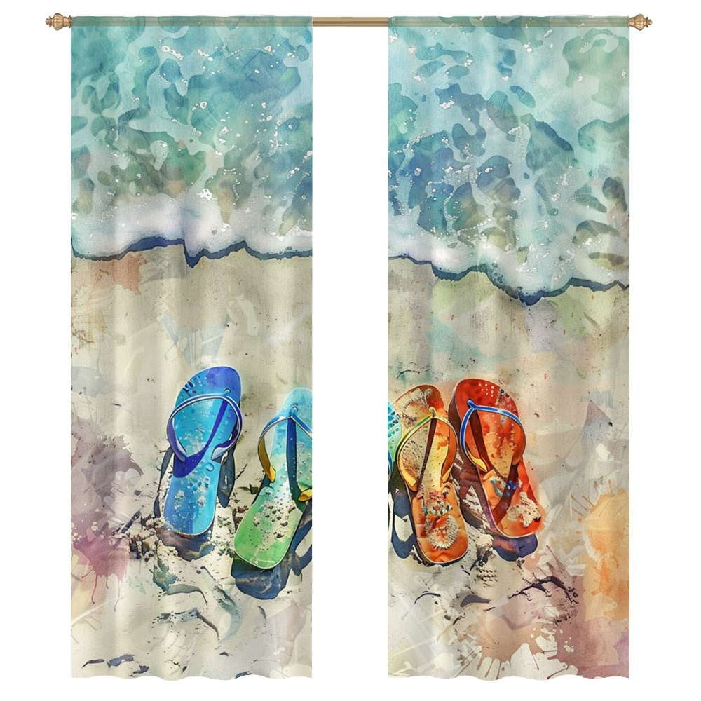 Colorful Flip Flops On Beach Sheer Window Curtains for Living Room ...