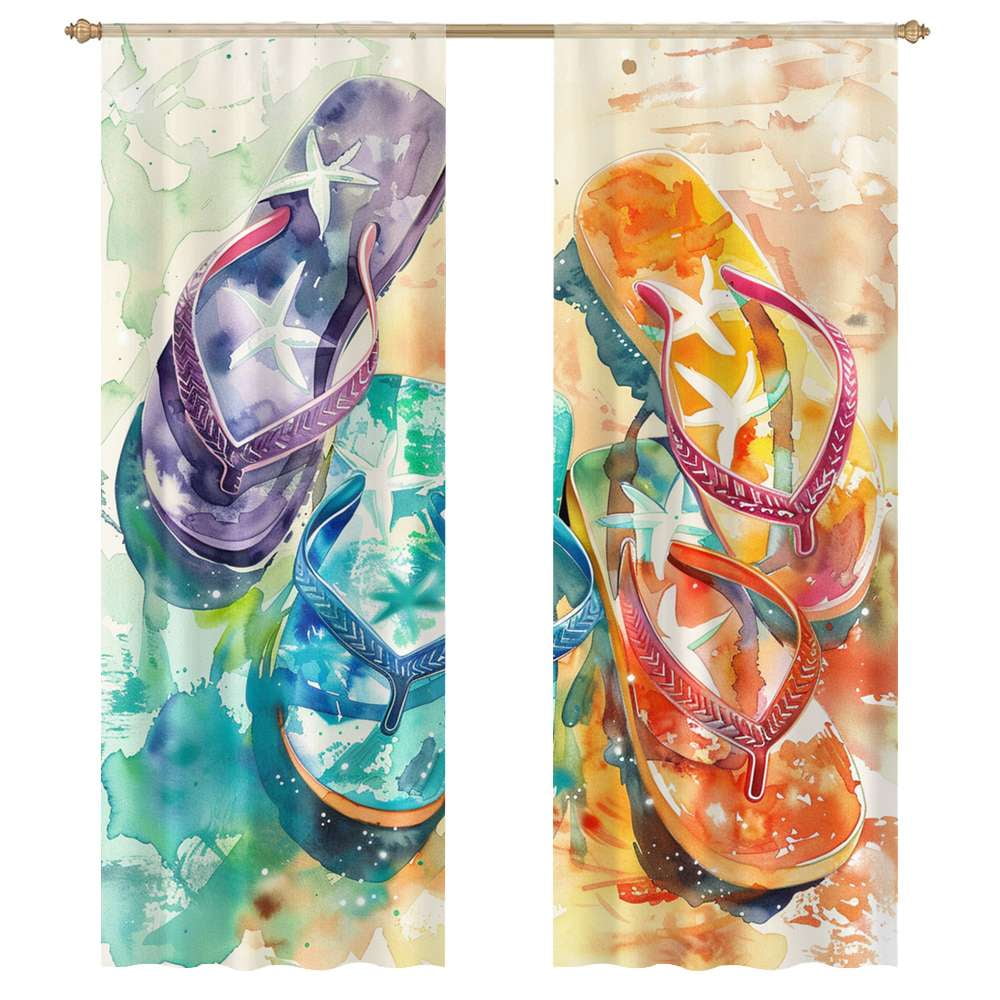 Colorful Flip Flops On Beach Sheer Window Curtains for Living Room ...